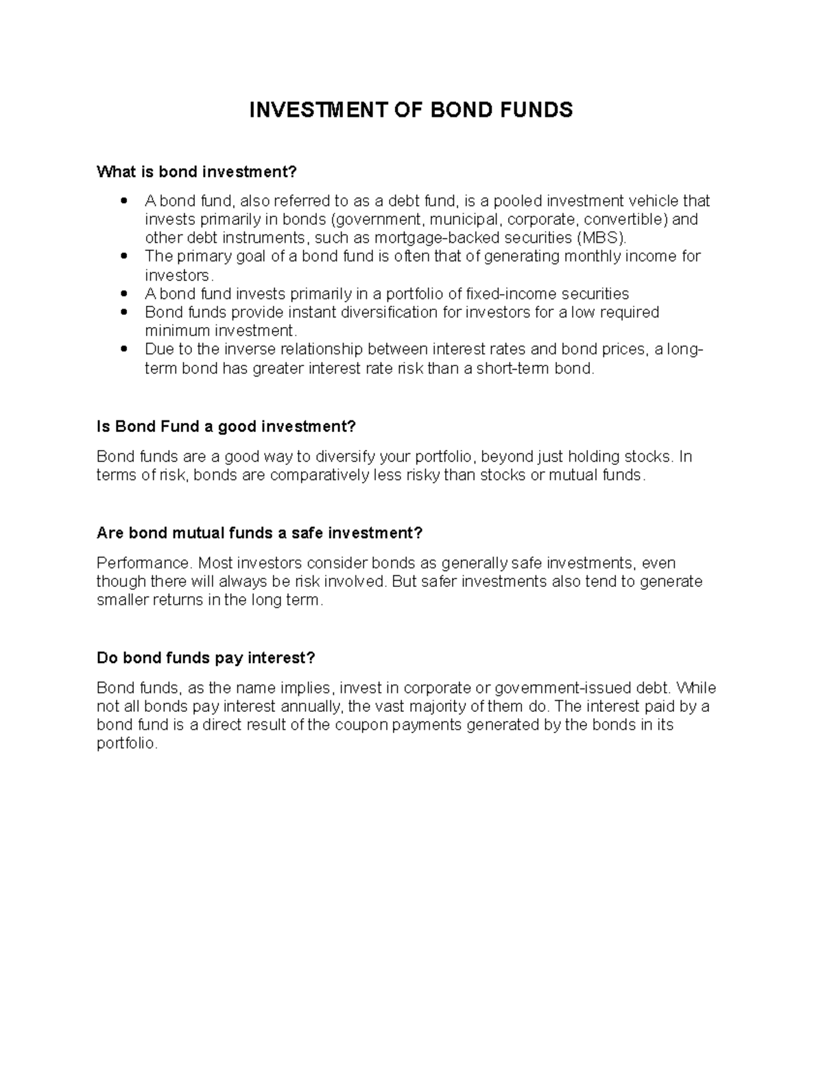 Group-1 - Investment of Bond Funds - INVESTMENT OF BOND FUNDS What is ...