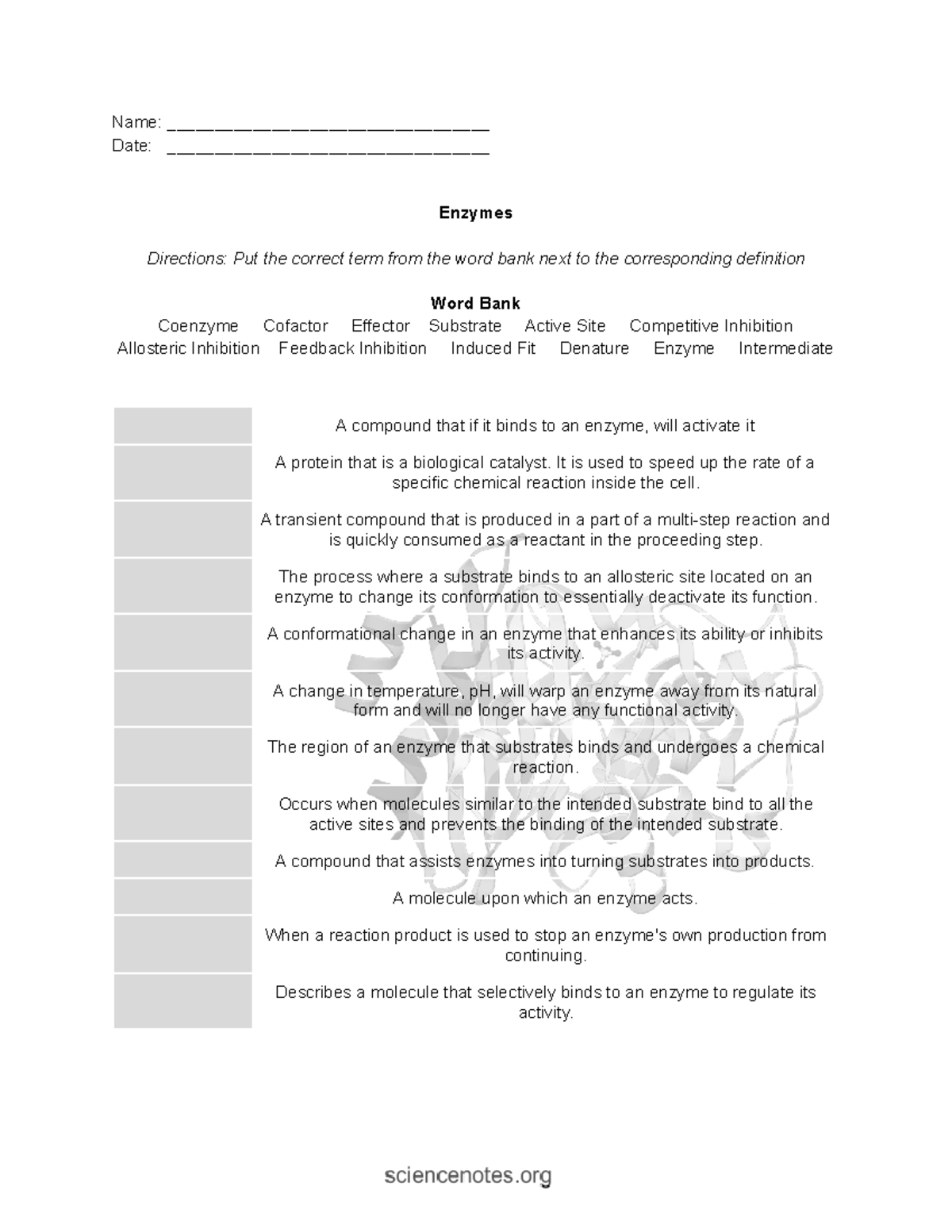 Enzymes - Student Copy - practise biology page - Name