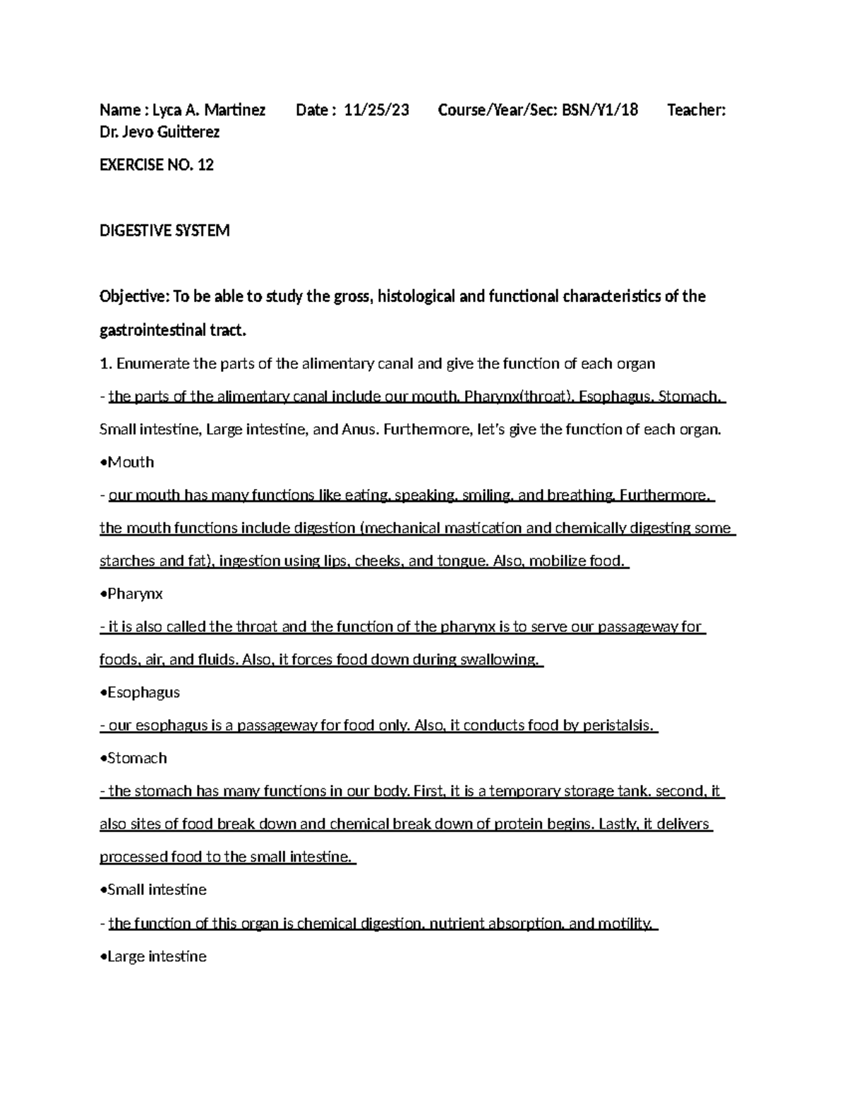 LAB Exercise Digestive System - Name : Lyca A. Martinez Date : 11/25/23 ...