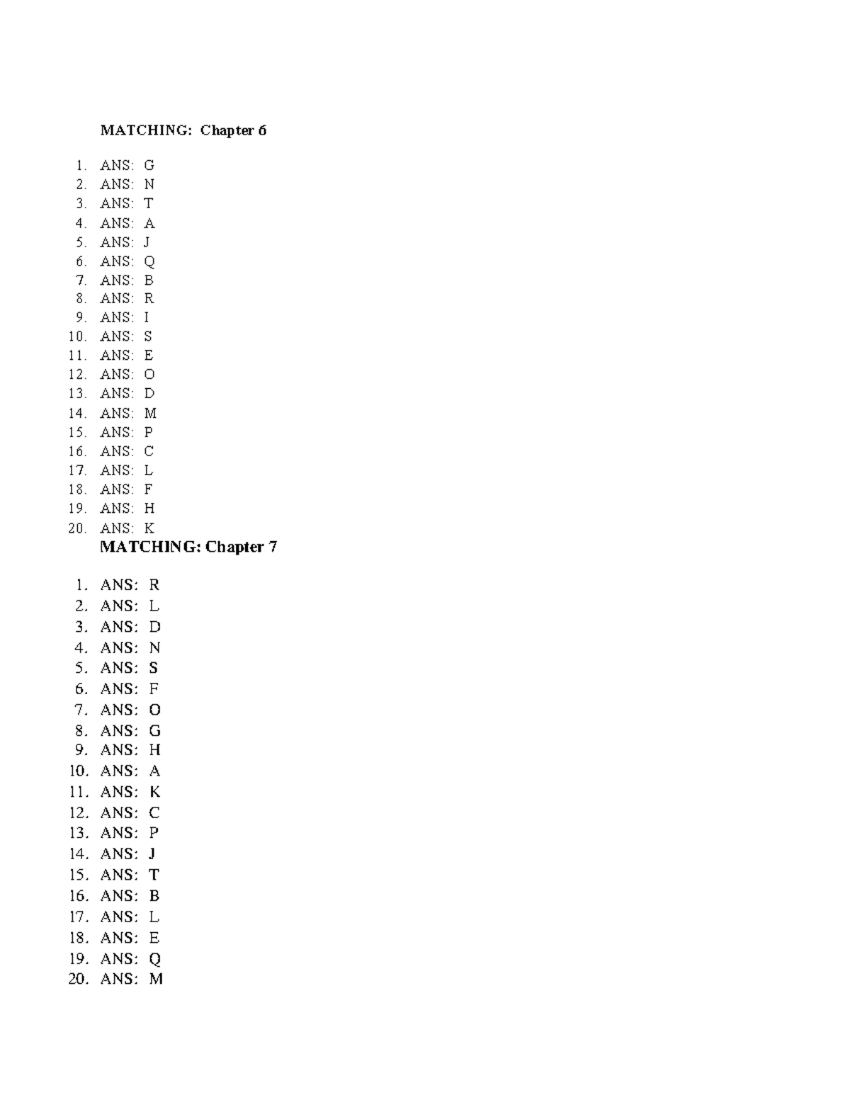 Fin. 371 Chaps 6 and 7 only key - MATCHING: Chapter 6 1. ANS: G 2. ANS ...