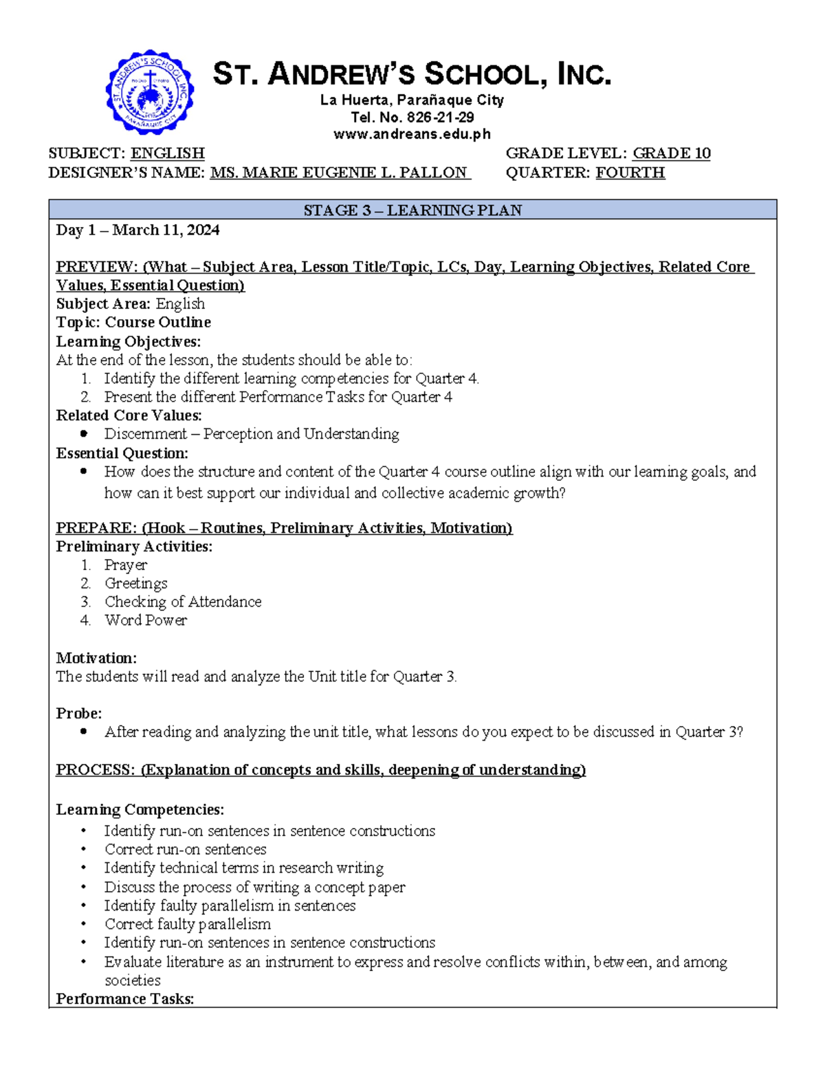 Course Outline - SUBJECT: ENGLISH GRADE LEVEL: GRADE 10 DESIGNER’S NAME ...