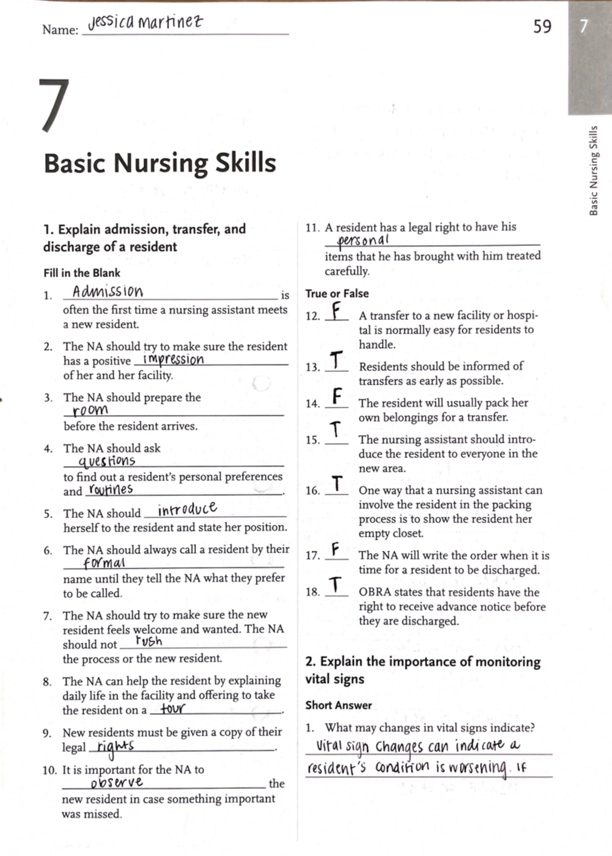 Ch 7 Workbook - Name: Jessica Martinez 59 7 7 Basic Nursing Skills 1 ...