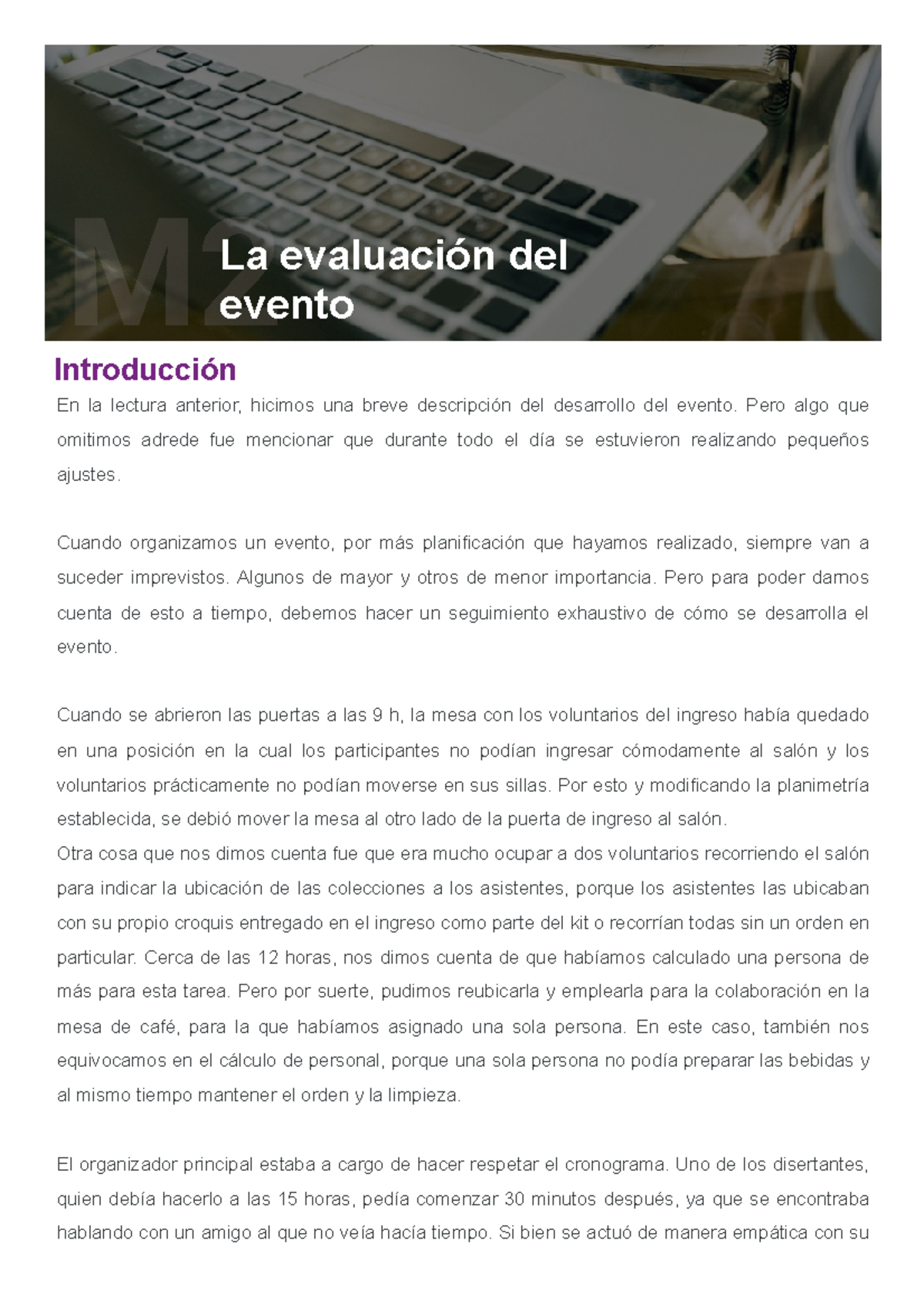 Modulo 2lectura 4 - La evaluación del evento Introducción En la lectura ...