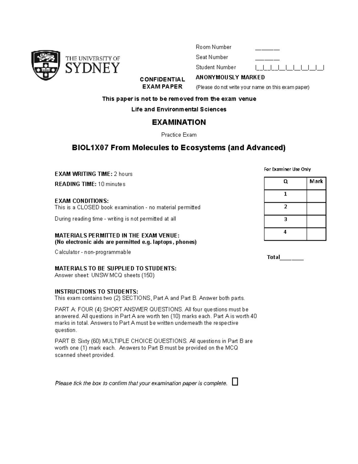 Sample/practice exam 2019, questions - Warning: TT: undefined function: 32 CONFIDENTIAL EXAM ...