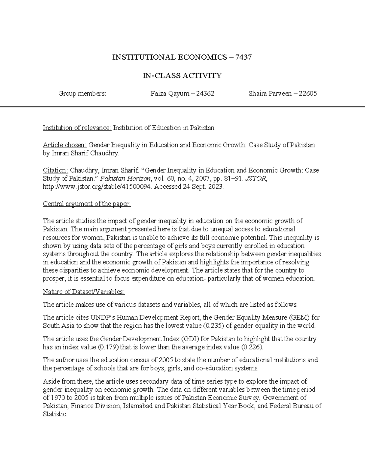 Institutional Economics Class Activity - INSTITUTIONAL ECONOMICS – 7437 ...