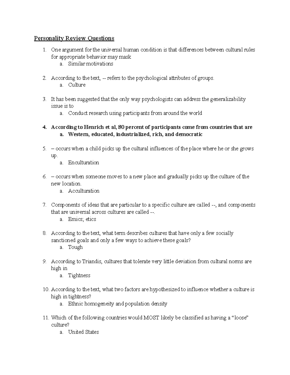 Personality Final Exam Questions - Personality Review Questions One ...