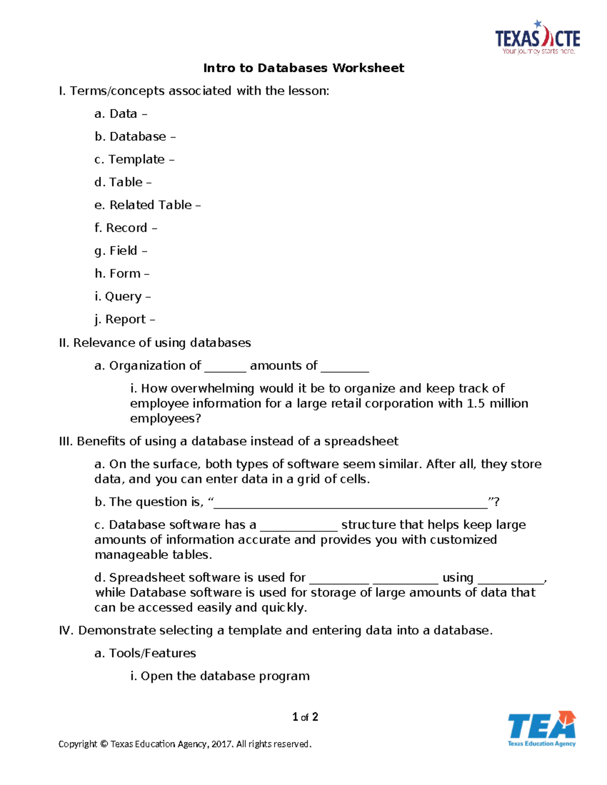 Computer Education 8 - Intro to Databases Worksheet I. Terms/concepts ...