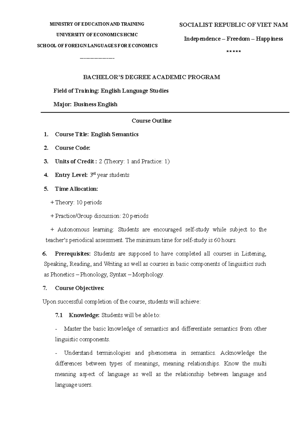 Course.Outline.SEM.dhkt - MINISTRY OF EDUCATION AND TRAINING UNIVERSITY ...