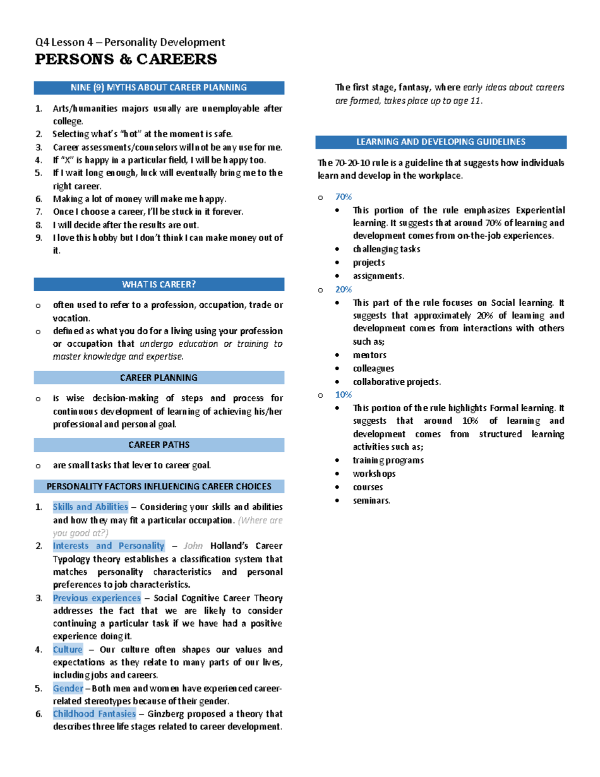 Perdev Q4W4 - Career Planning - Q4 Lesson 4 – Personality Development PERSONS & CAREERS NINE (9 ...