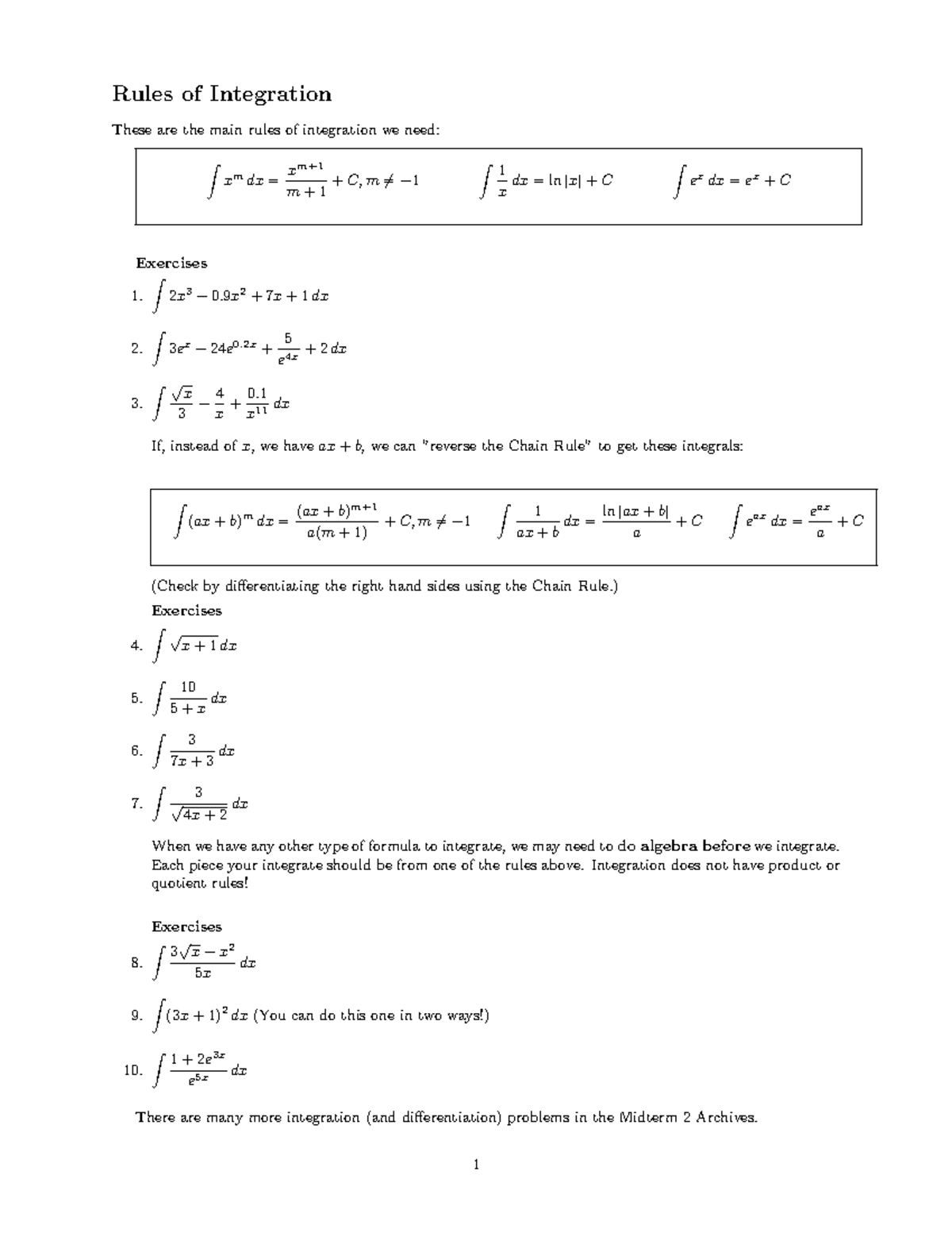 7. rules of integration - ∫ 2 x 3 − 0. 9 x 2 + 7x + 1 dx 2. ∫ 3 e x − ...