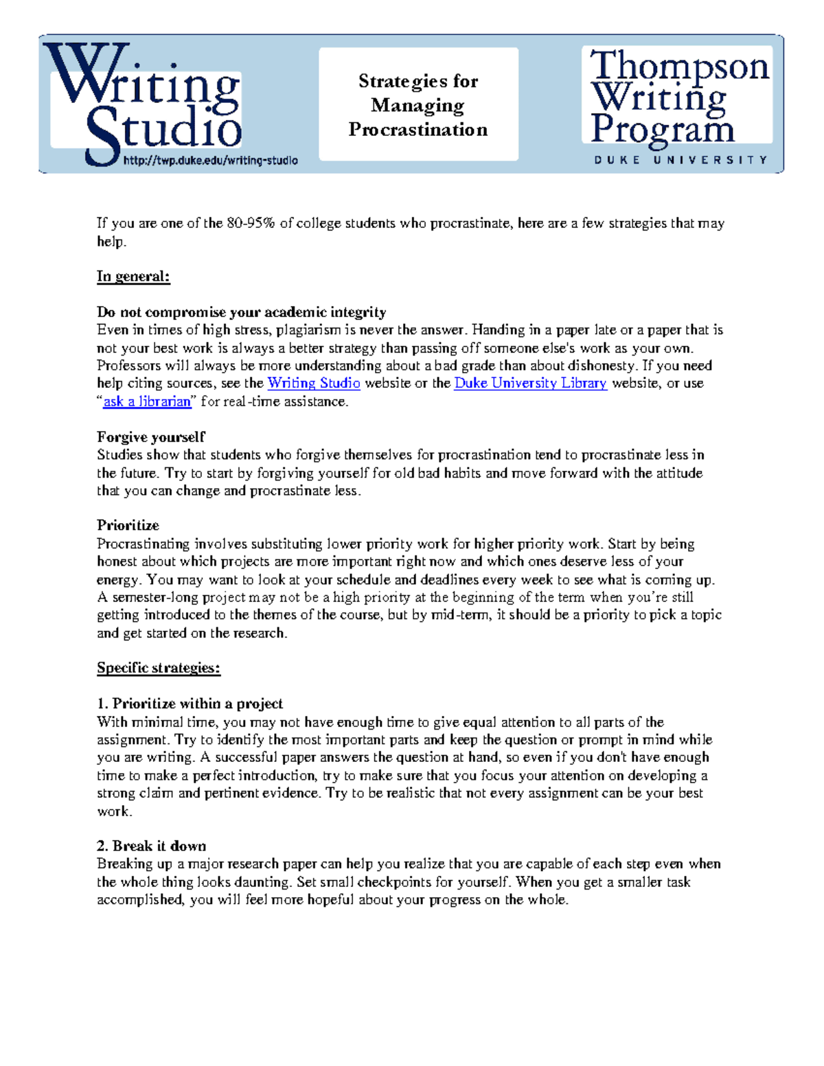 Procrastination-handout - Strategies for Managing Procrastination If ...