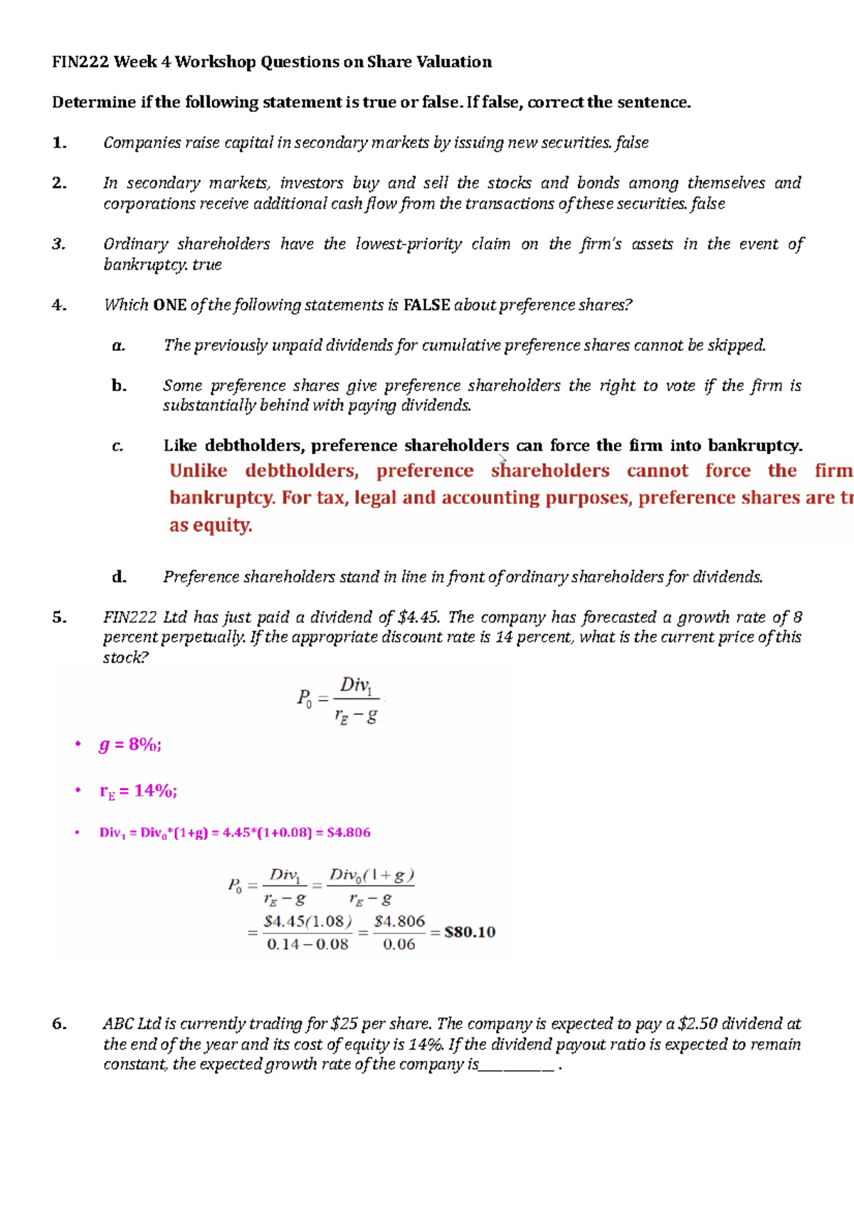Week 4 W Qs - workshop questions week4 - FIN222 Week 4 Workshop ...