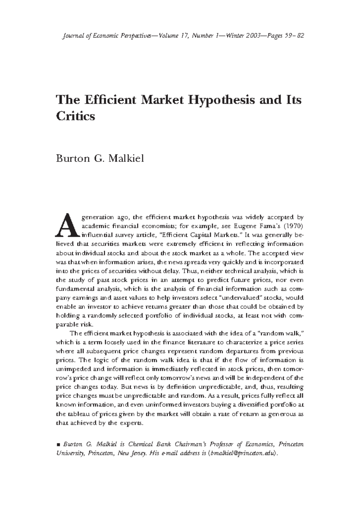 Article emh - Bis 309 - The Efficient Market Hypothesis and Its Critics ...