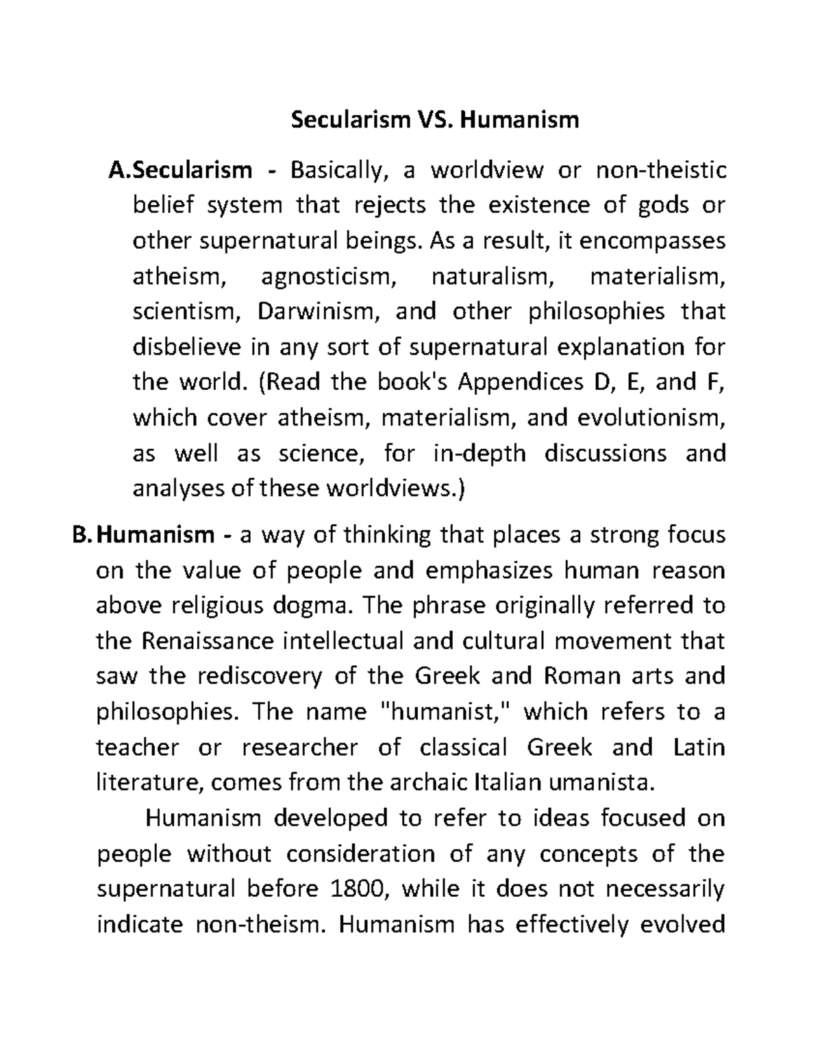 Secularism VS. Humanism - Secularism VS. Humanism A - Basically, a ...