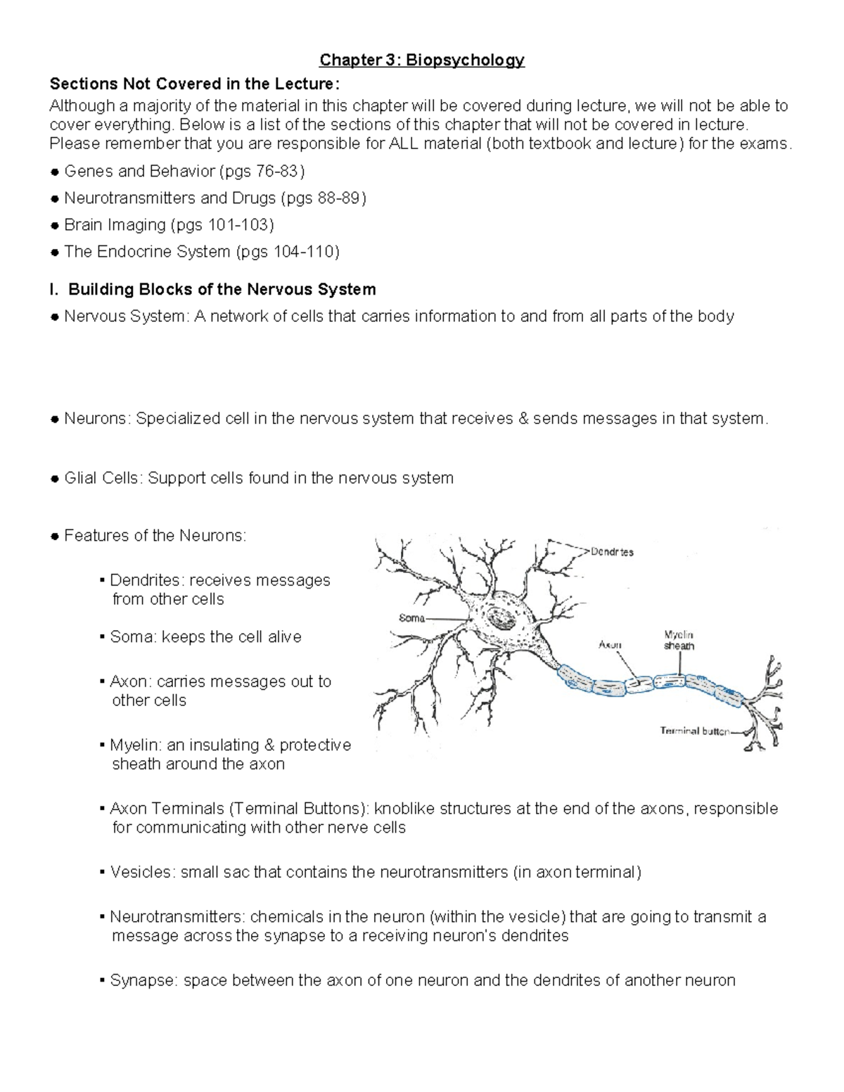 Chapter 3 lecture outline - Chapter 3: Biopsychology Sections Not Covered in the Lecture ...