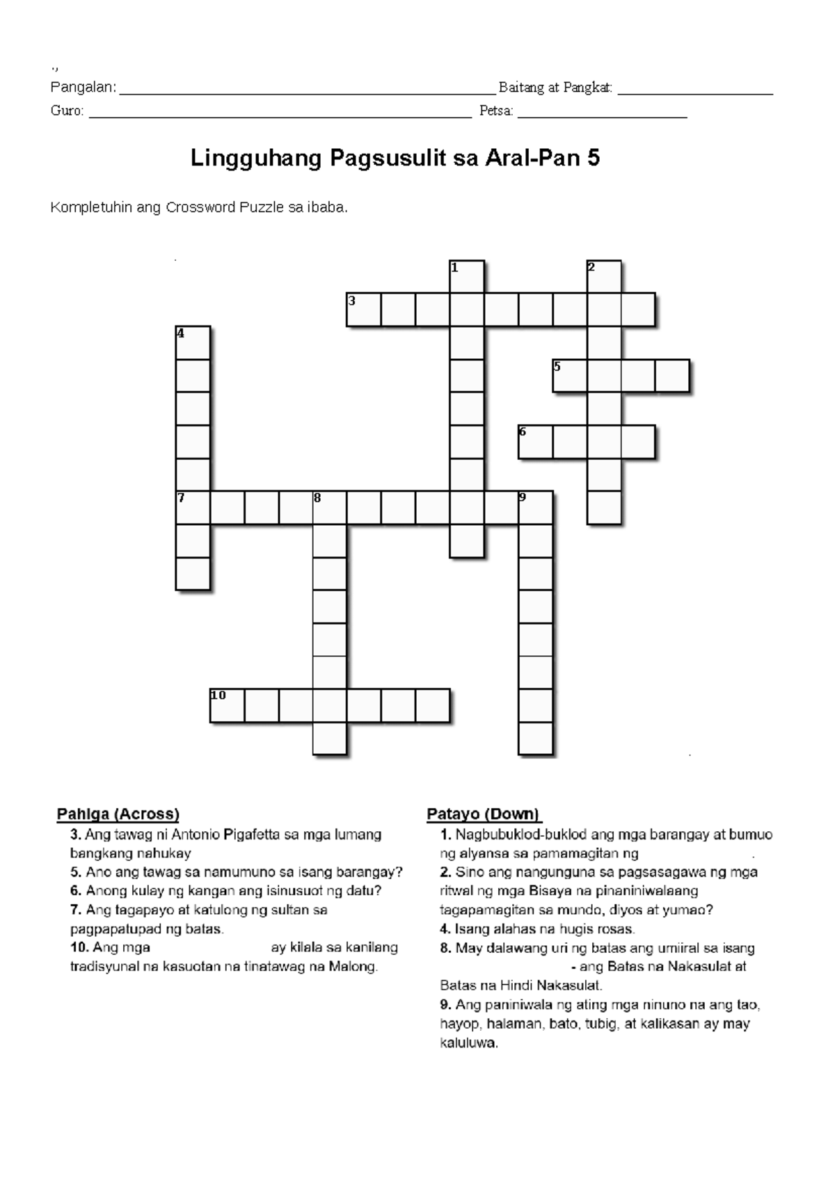 Crossword AP5 Q1 - General Education - ., Pangalan: - Studocu