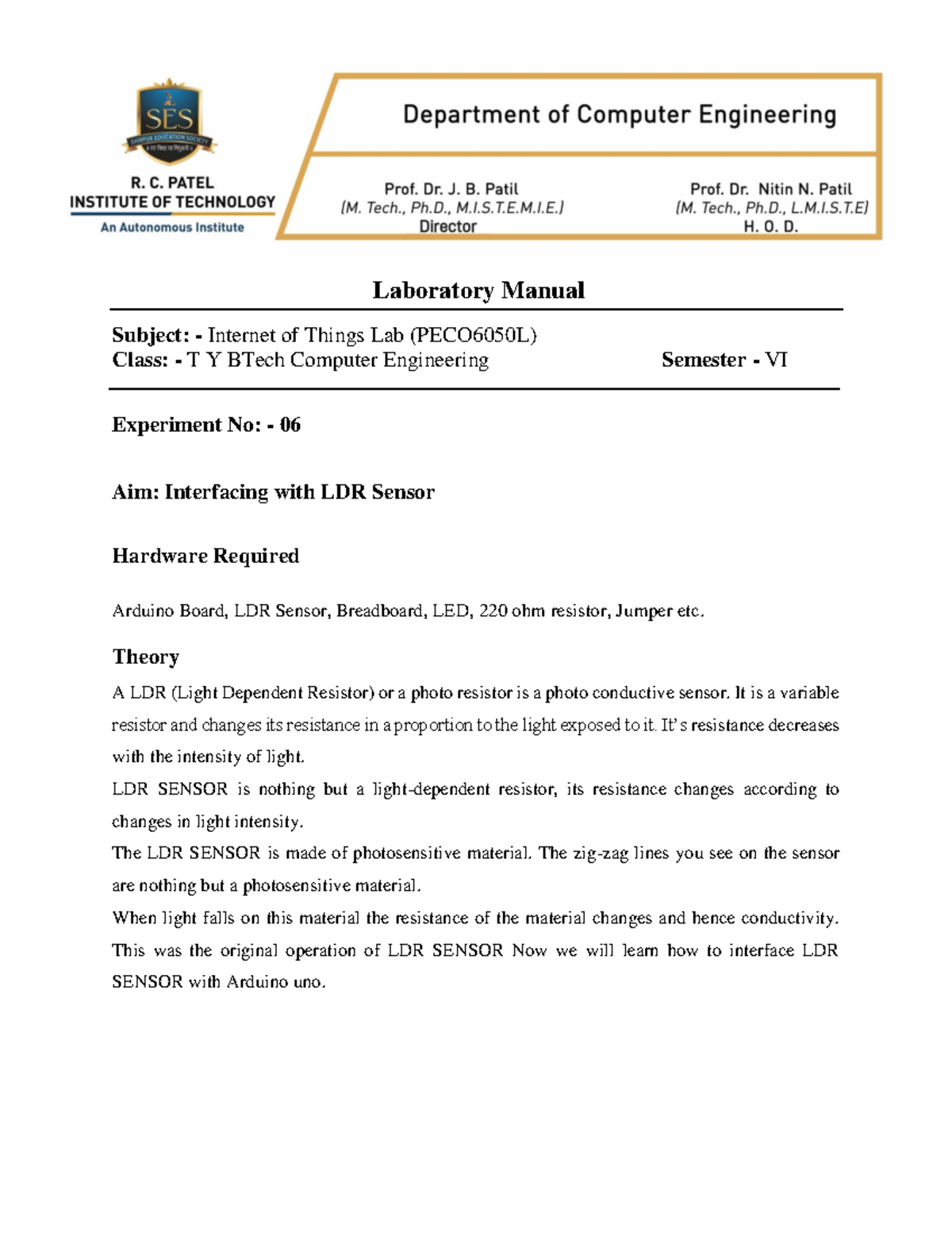 6 Interfacing with LDR Sensor - Laboratory Manual Subject: - Internet ...