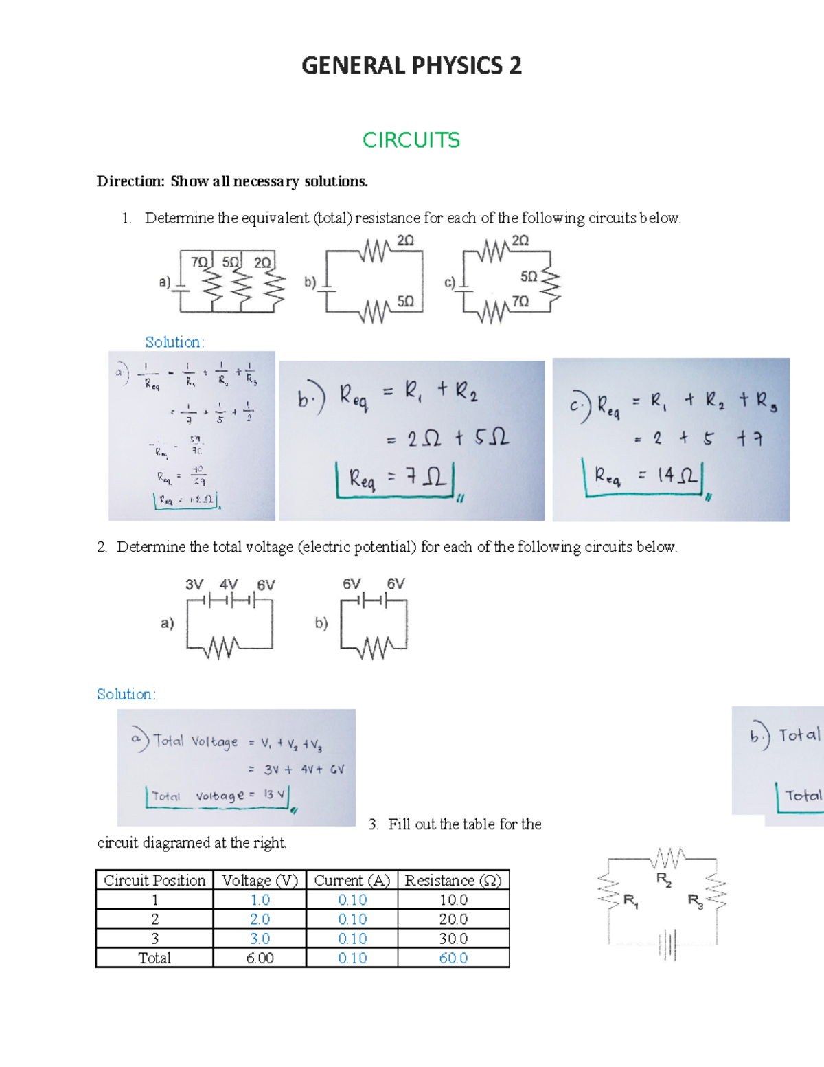 Circuits - CIRCUITS Direction: Show all necessary solutions. Determine ...