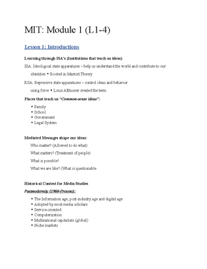 MIT 1050A - WEEK 4 Notes - MIT 1050A – WEEK 4 NOTES Media Power: Media ...