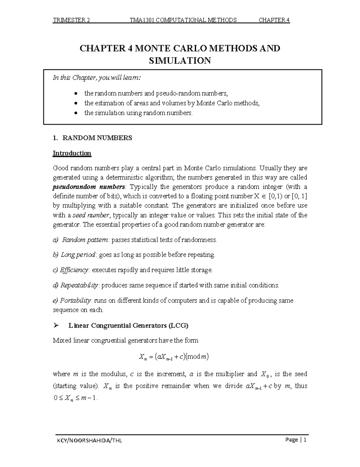 180533 Chapter 4 Monte Carlo Methods AND Simulation T2 - TRIMESTER 2 TMA1301 COMPUTATIONAL ...