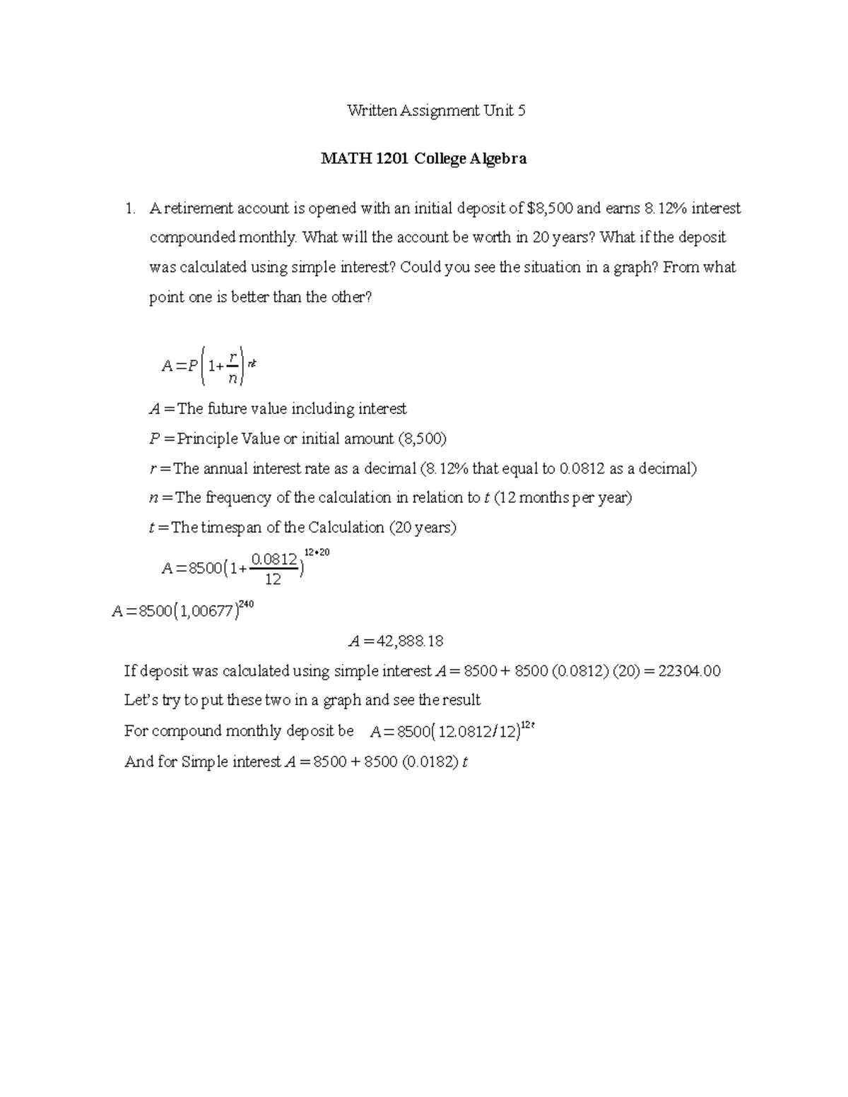 Written Assignment Unit 5 (College Algebra) - Written Assignment Unit 5 MATH 1201 College ...