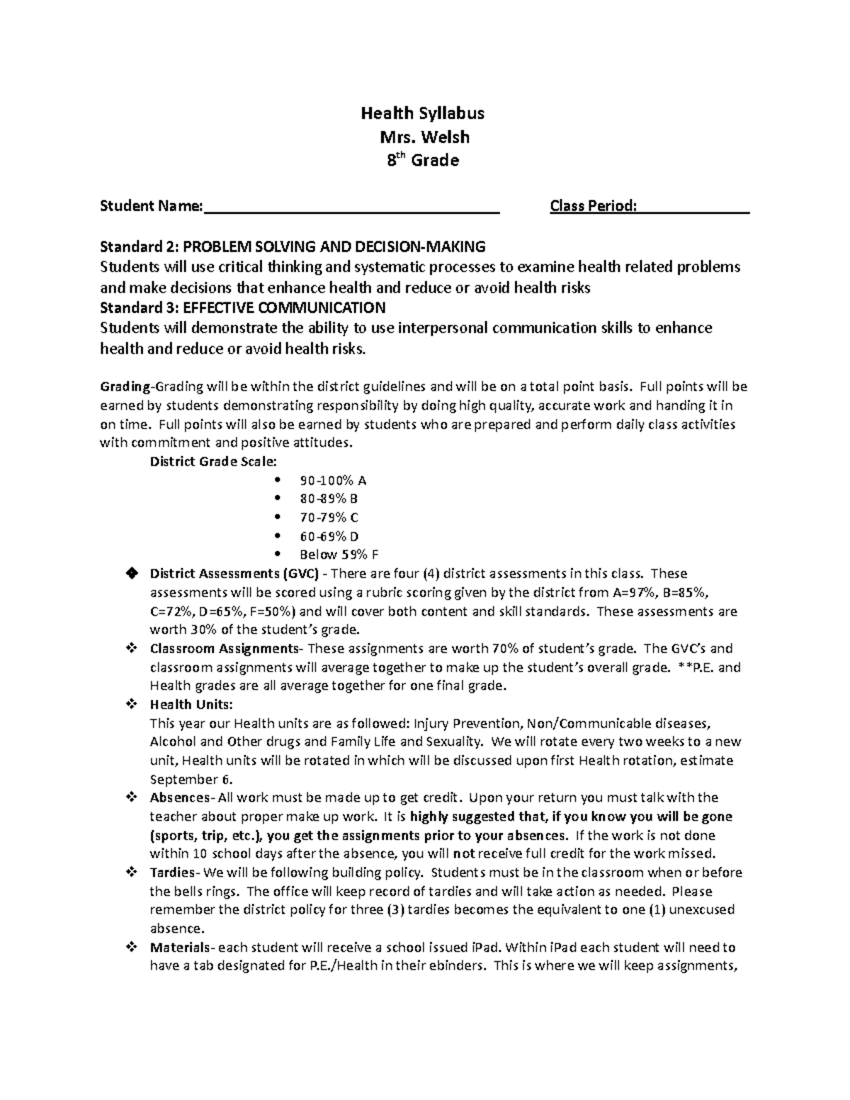 Health+Syllabus+8th - Njjmk,, - Health Syllabus Mrs. Welsh 8 th Grade ...