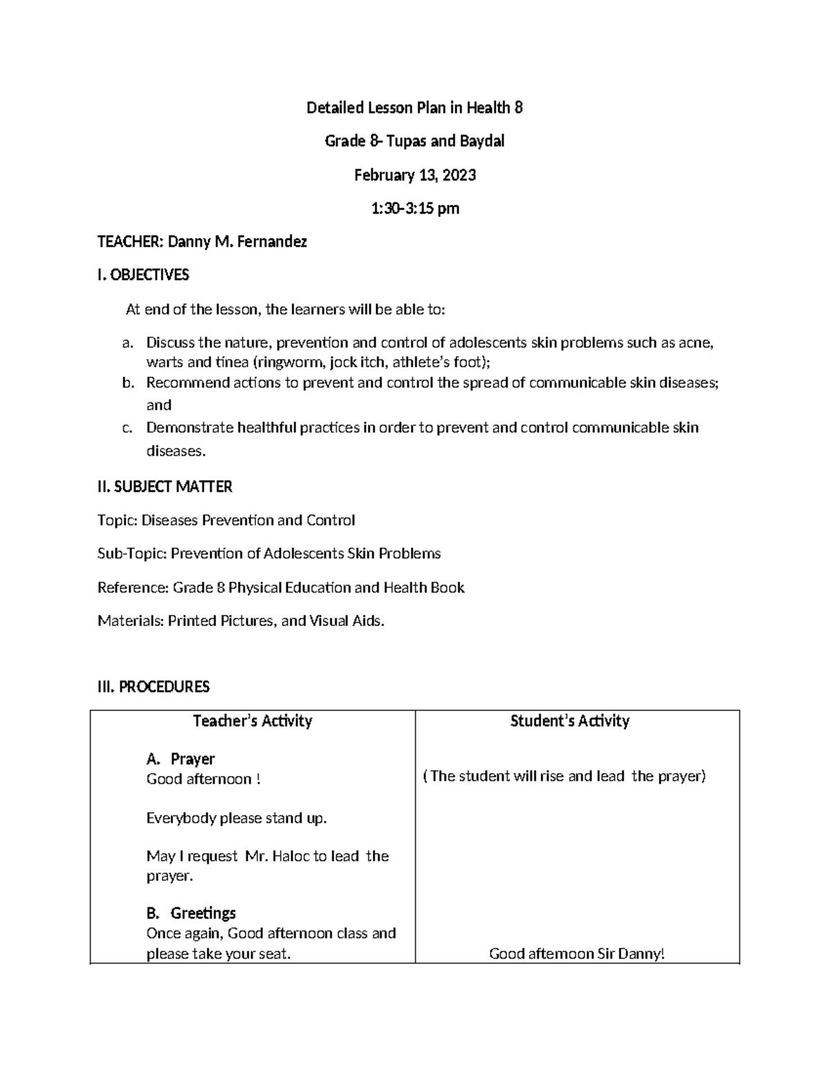 Lesson PLAN SKIN Disease 8 - Detailed Lesson Plan in Health 8 Grade 8 ...