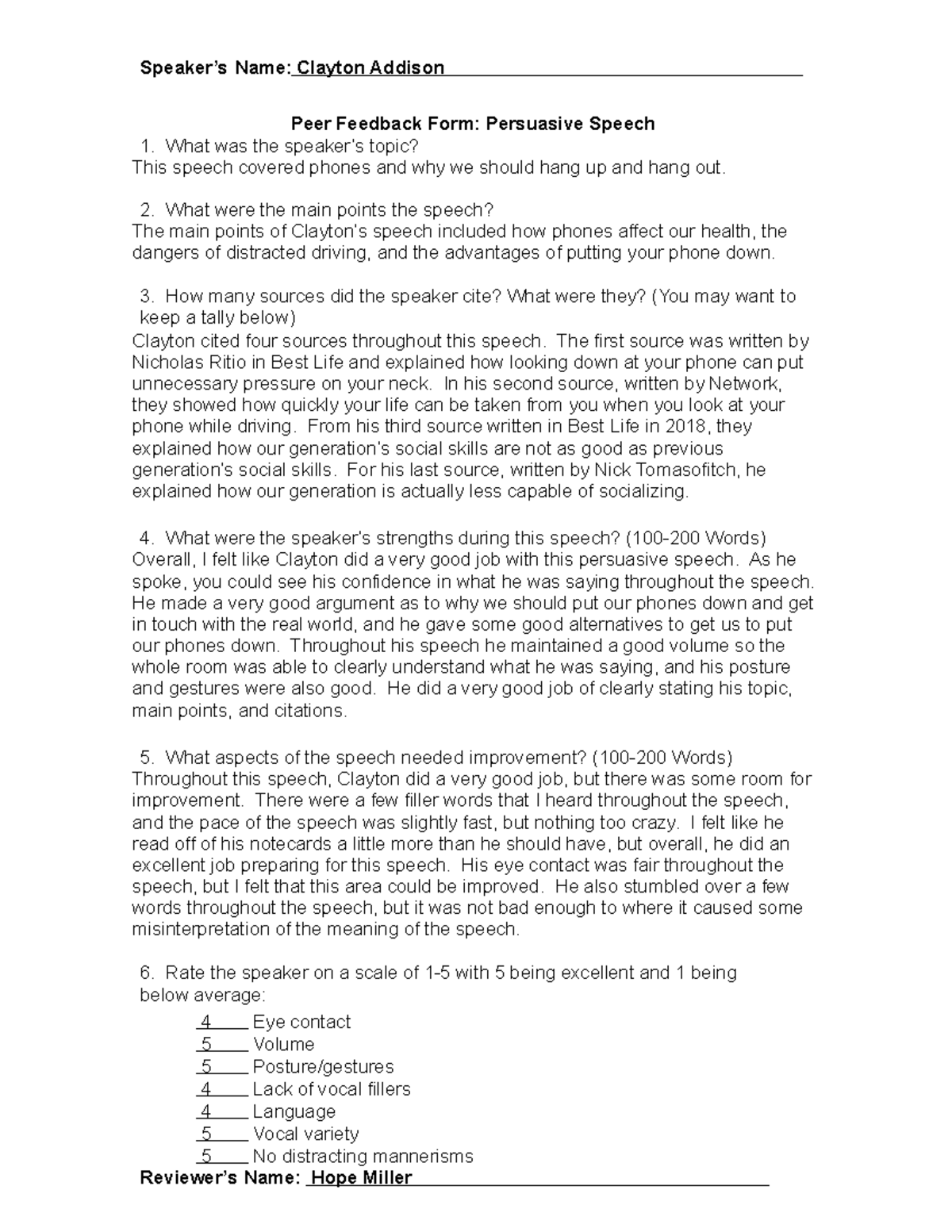 Persuasive Speech Peer Feedback 1 Clayton Addison - Speaker’s Name ...