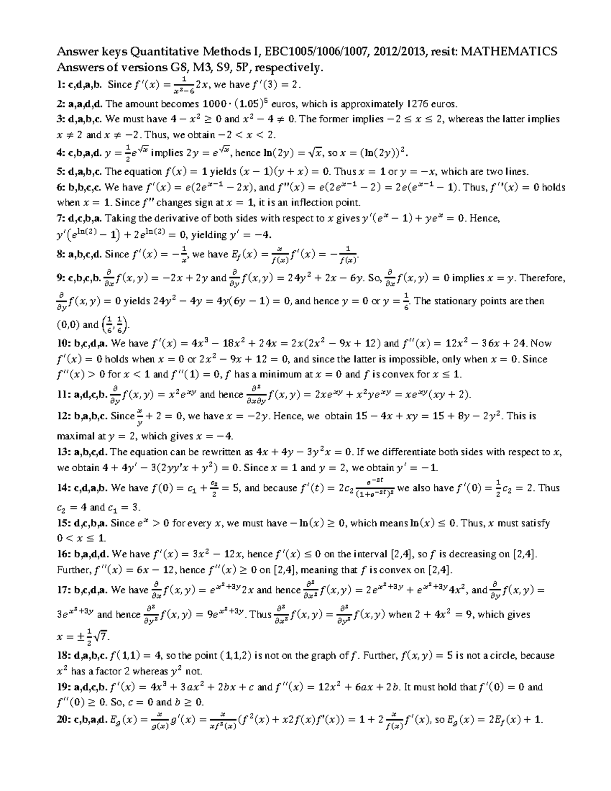 QM1Y2012 Re Sit Answer Key - Answer keys Quantitative Methods I ...