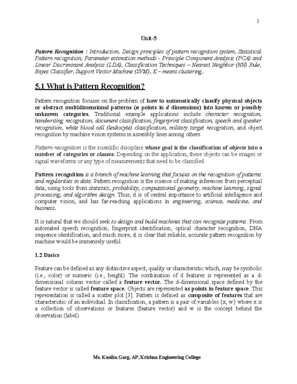 Ai Unit 5 Notes Pattern Recognition Unit Pattern Recognition Introduction Design