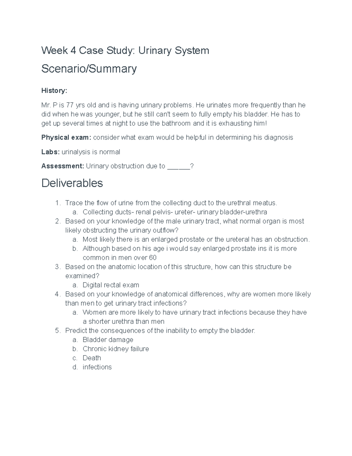 Week 4 Case Study Urinary System - Week 4 Case Study: Urinary System ...