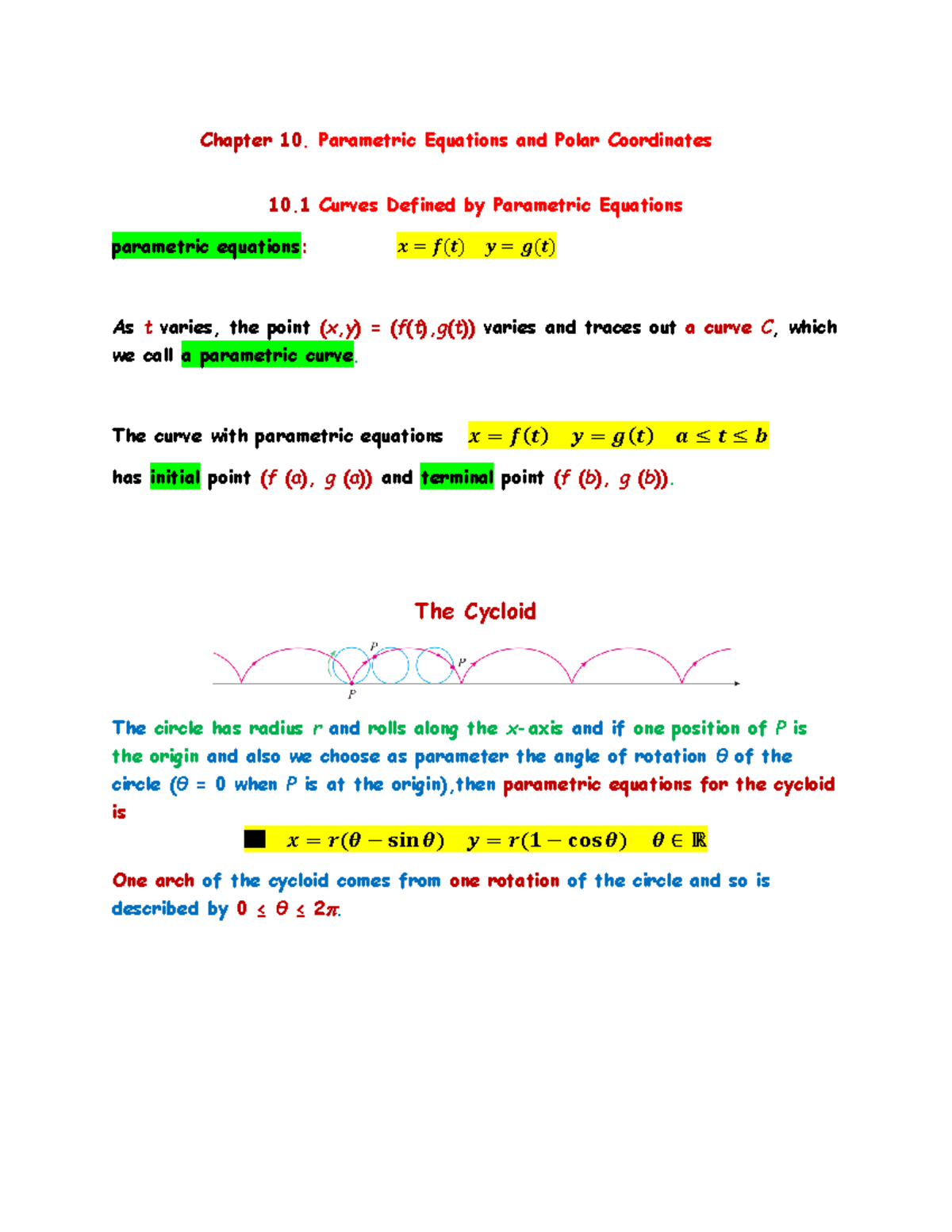 Study Guide Chap 10 - practice - Chapter 10. Parametric Equations and ...