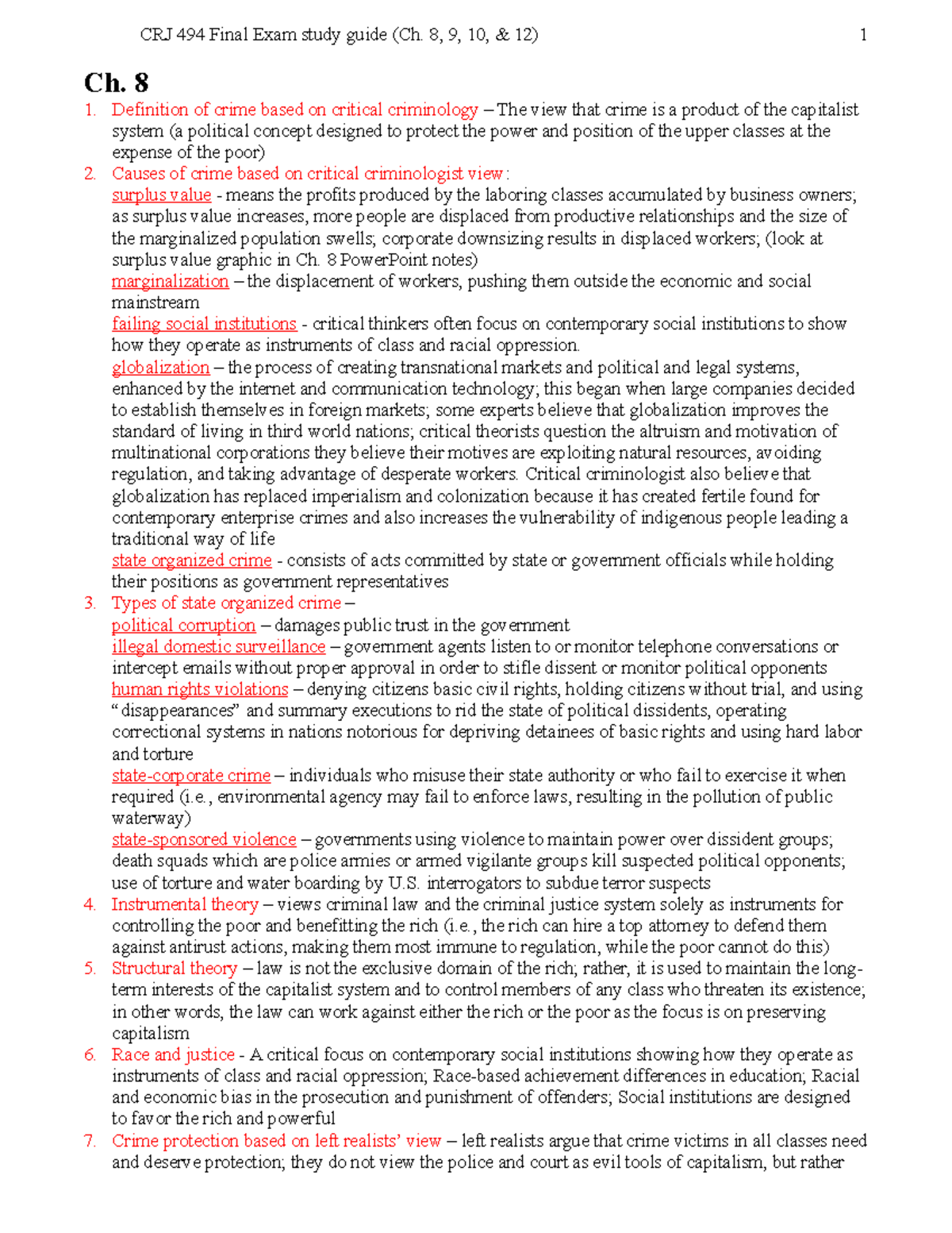 CRJ 494 ( Online) Final Study Guide - Ch. 8 Definition of crime based ...