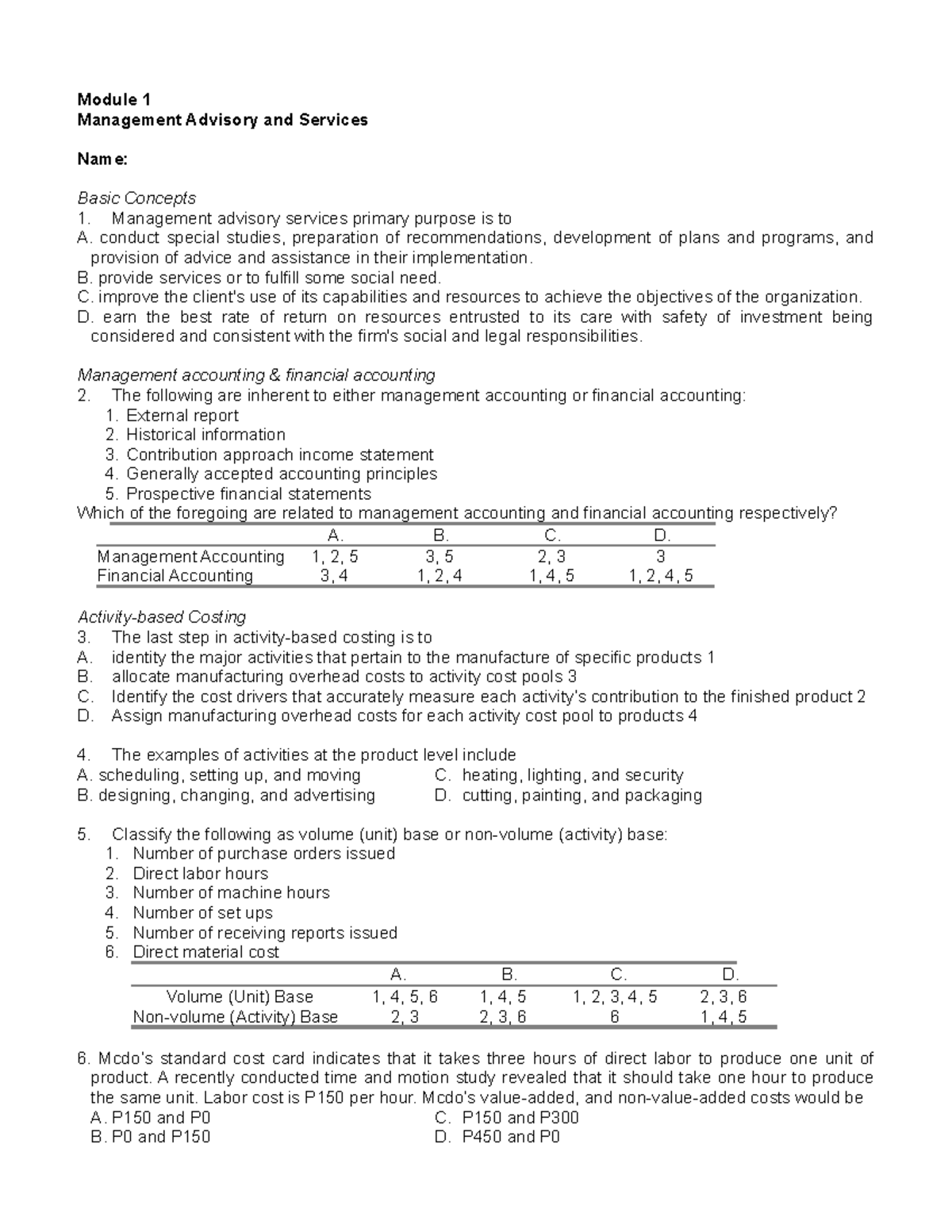 Module 1 - MAS Review - Module 1 Management Advisory and Services Name ...