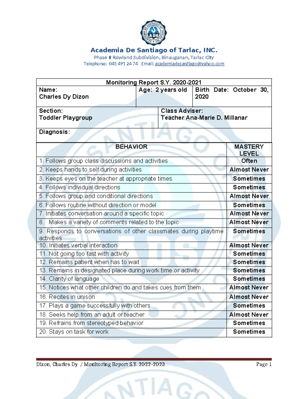 Charles Dizon Monitoring Report 2023 - Academia De Santiago of Tarlac ...