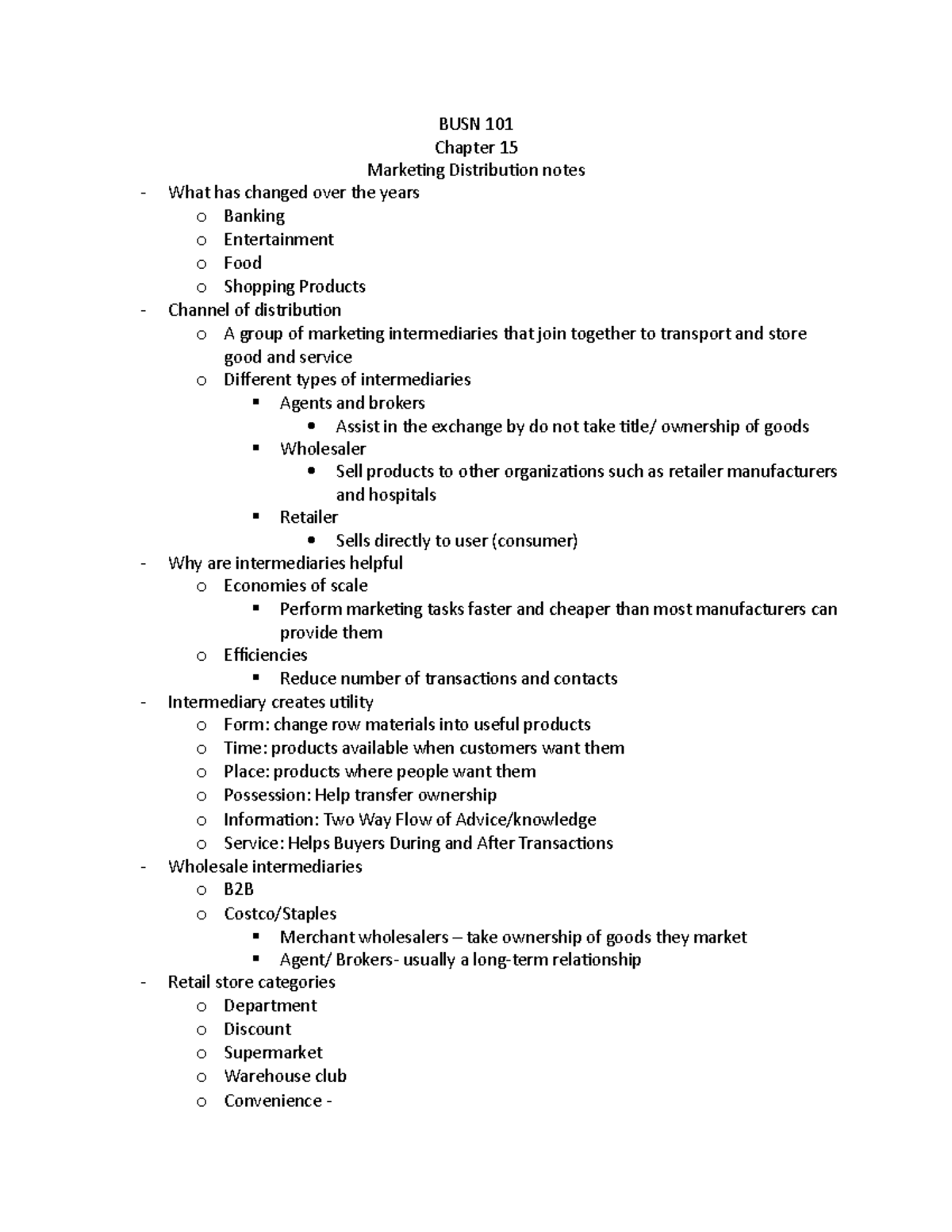 BUSN 101 chapter 15 - Lecture notes 15 - BUSN 101 Chapter 15 Marketing ...