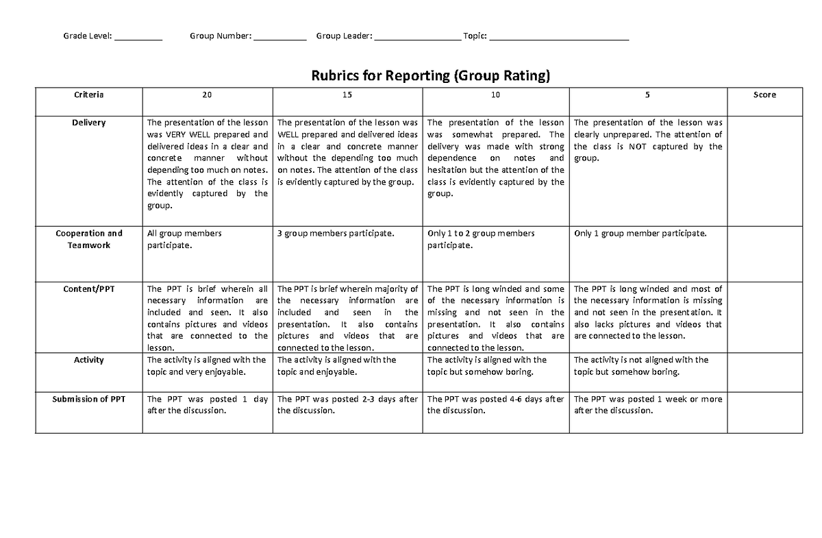Group Rating Reporting - Grade Level: __________ Group Number ...