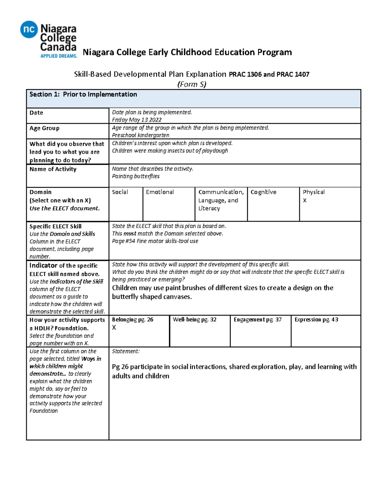 Skills Based Developmental Plan - Niagara College Early Childhood ...