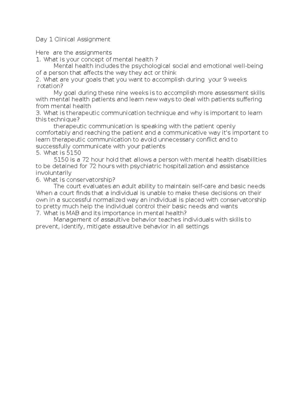 Day 1 Clinical Assignment - Day 1 Clinical Assignment Here are the ...