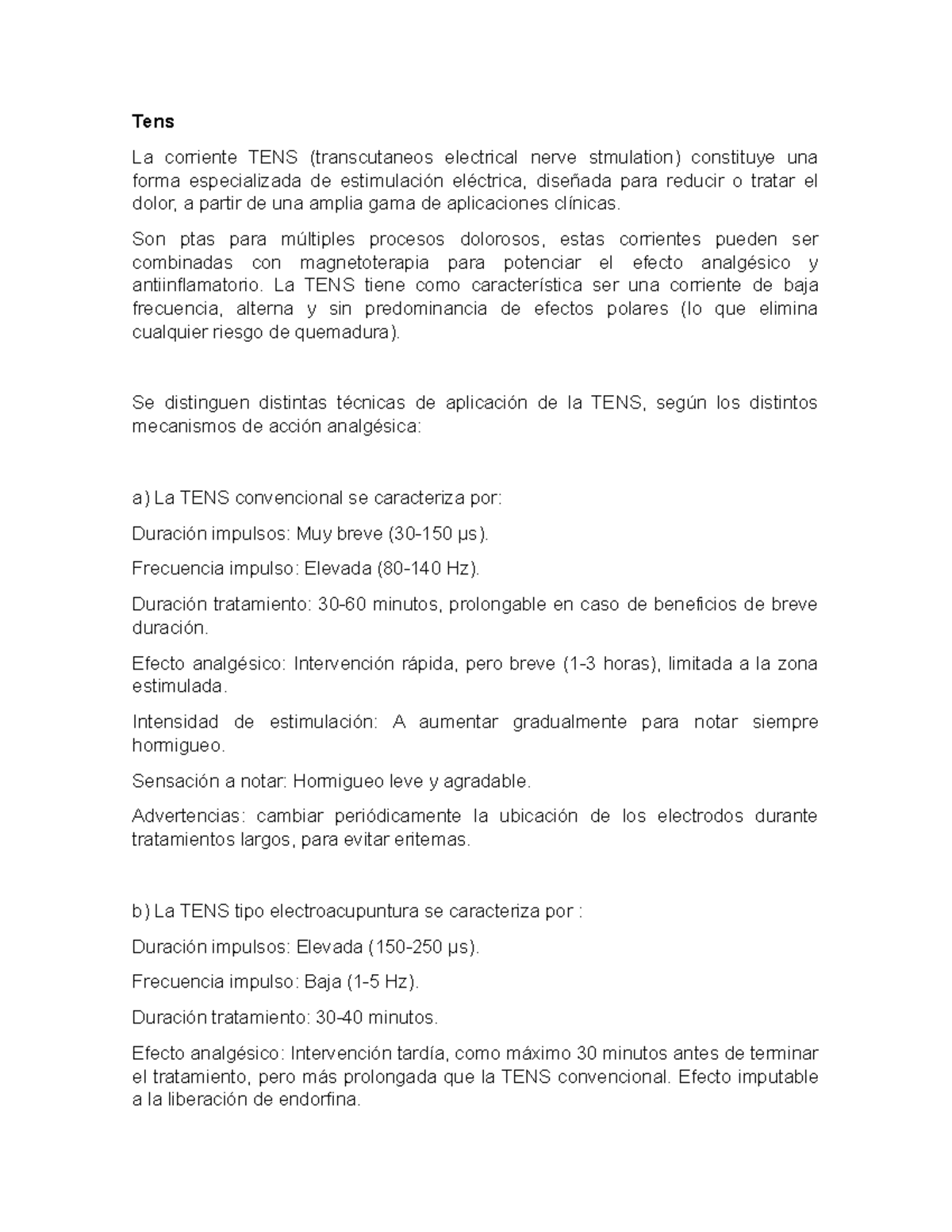 Tens y Interferenciales - Tens La corriente TENS (transcutaneos ...