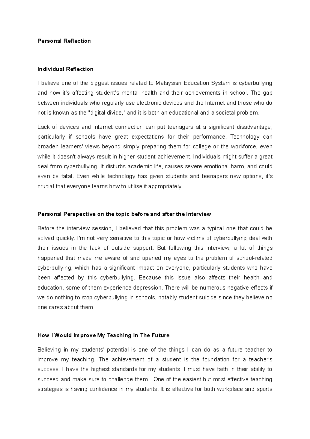 EDU3063 Pespective Analysis - Personal Reflection Individual Reflection ...
