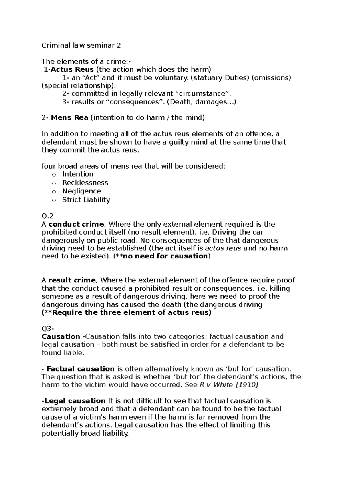 Seminar 2 - Class - Criminal law seminar 2 The elements of a crime:- 1 ...