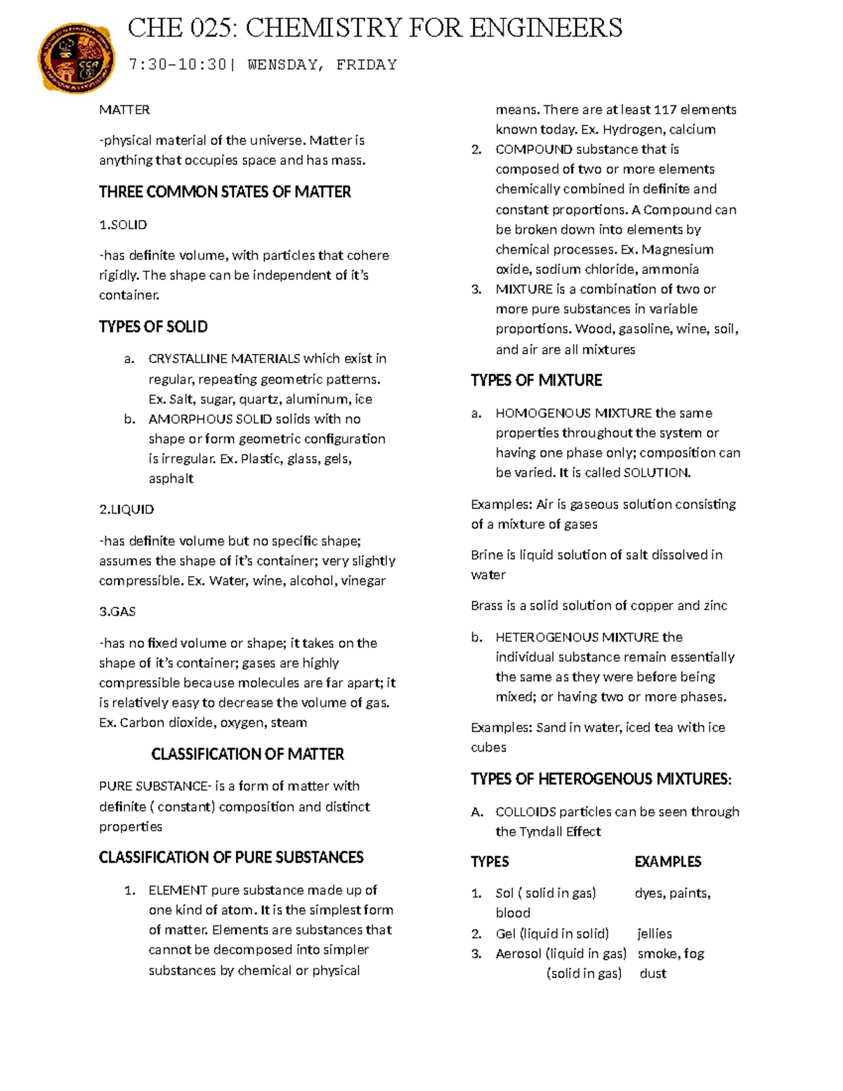 Chemistry notes - NOTS - 7:30-10:30| WENSDAY, FRIDAY MATTER -physical ...