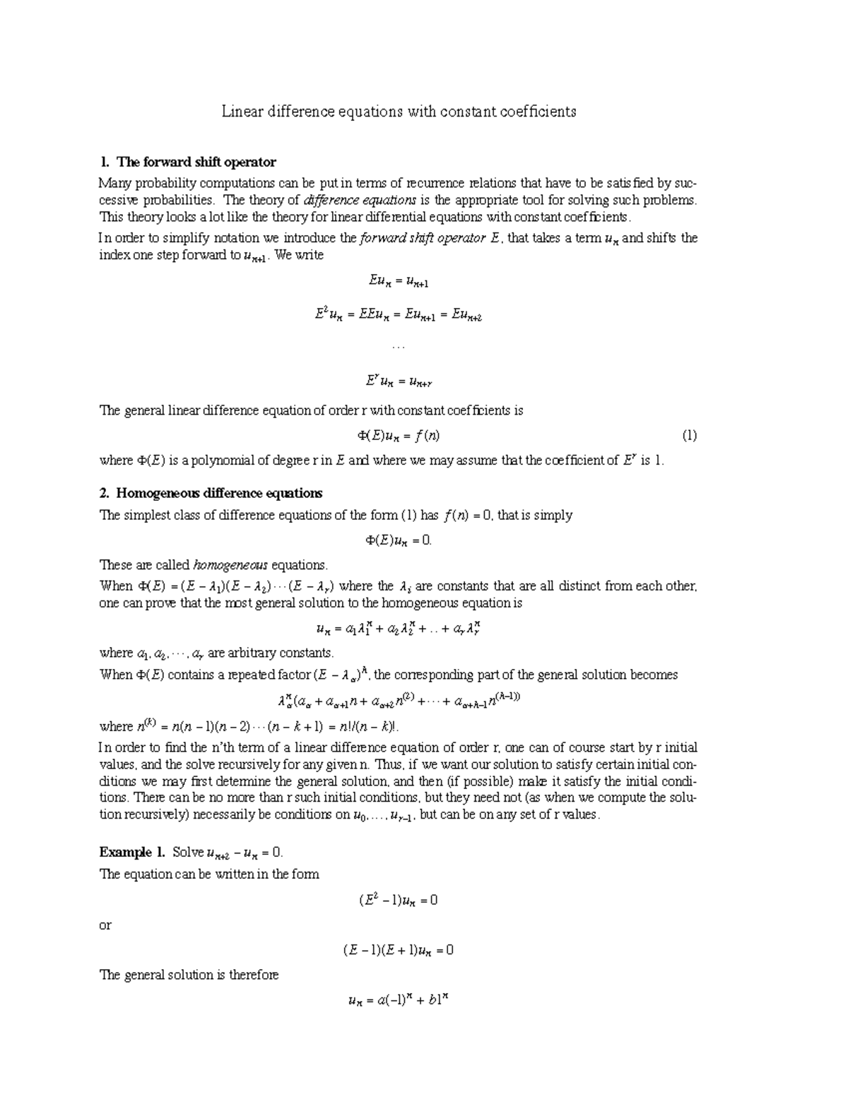 Linear Difference Equations With Constant Coefficients The Theory Of