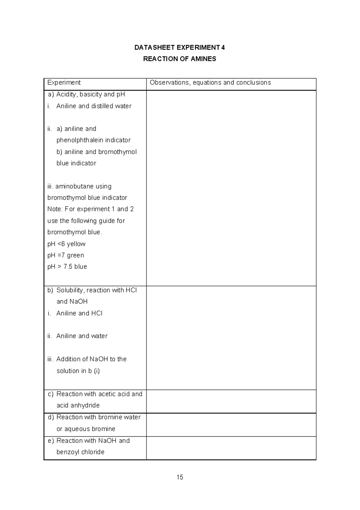LAB Manual chm301 exp 4 - 15 DATASHEET EXPERIMENT 4 REACTION OF AMINES Experiment Observations ...