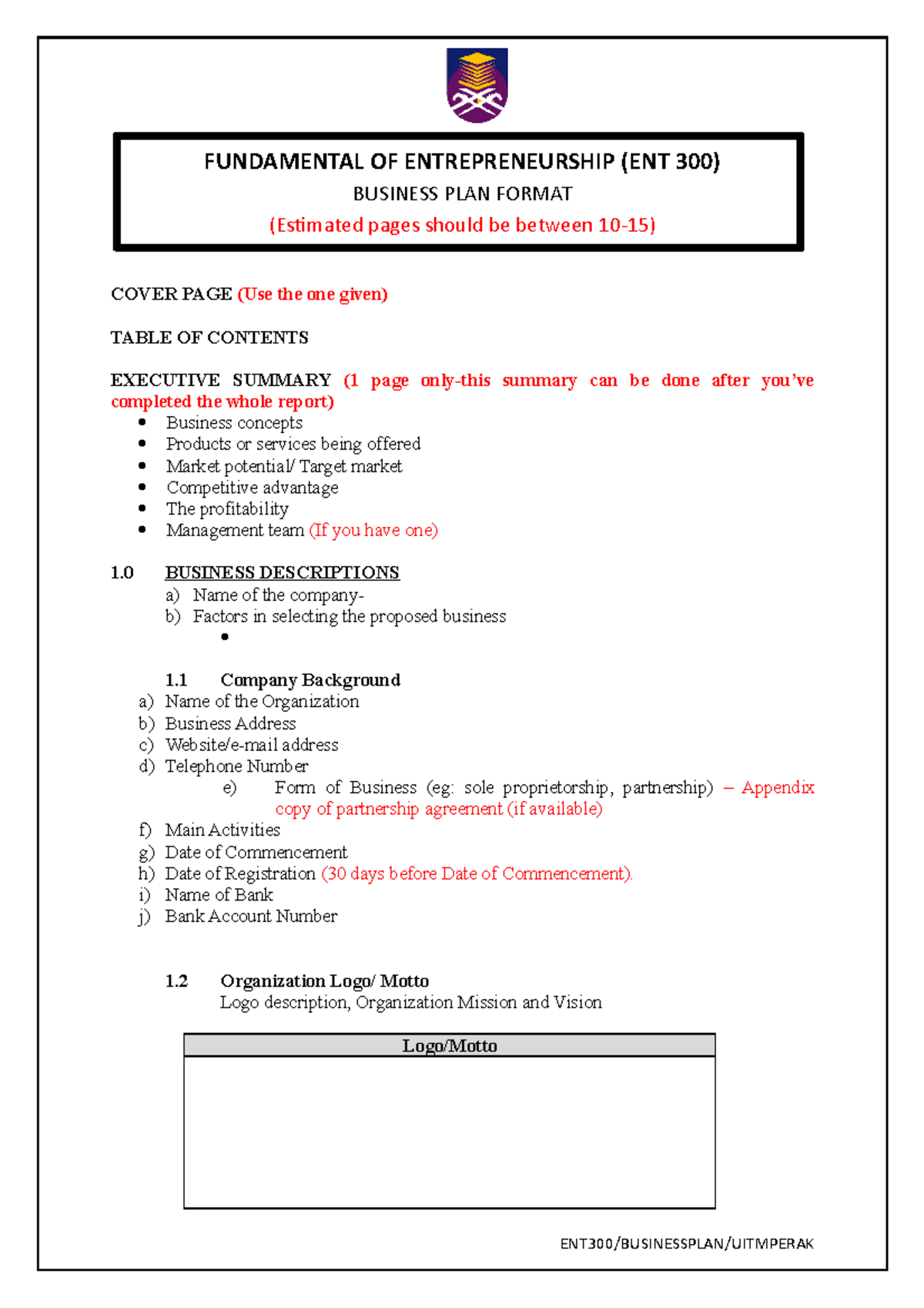 8 - ENT300 - Business PLAN Format MAY2020 - FUNDAMENTAL OF ...