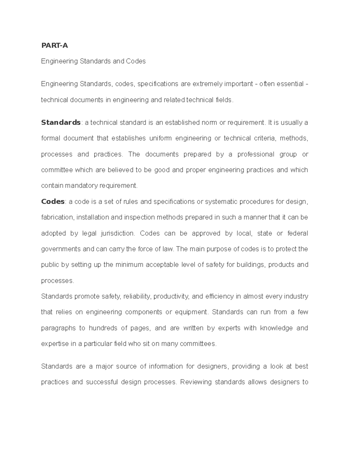 Engineering 2 - Insights - PART-A Engineering Standards and Codes ...