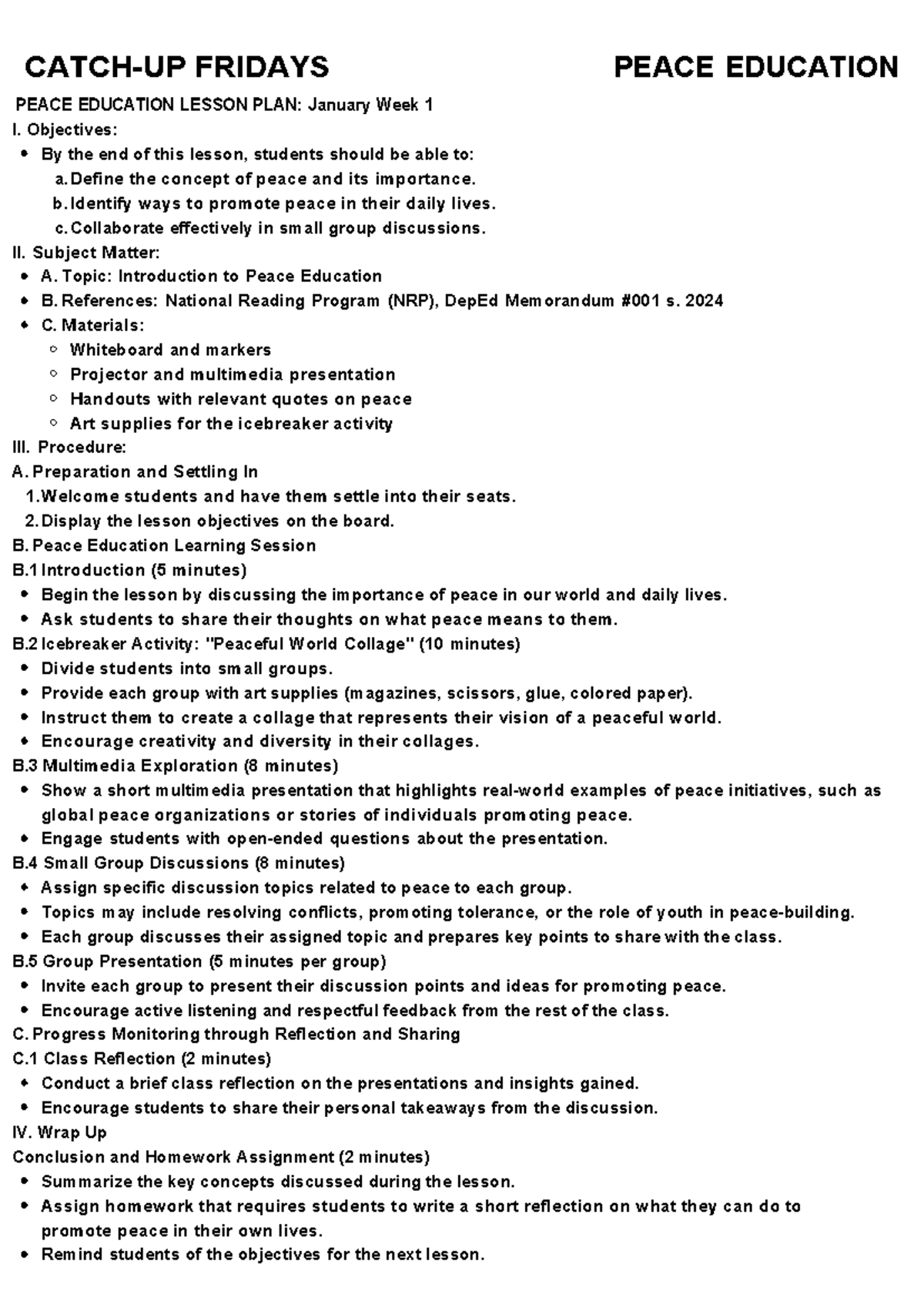 G8 Cuflp@ Peace Education - PEACE EDUCATION LESSON PLAN: January Week 1 ...