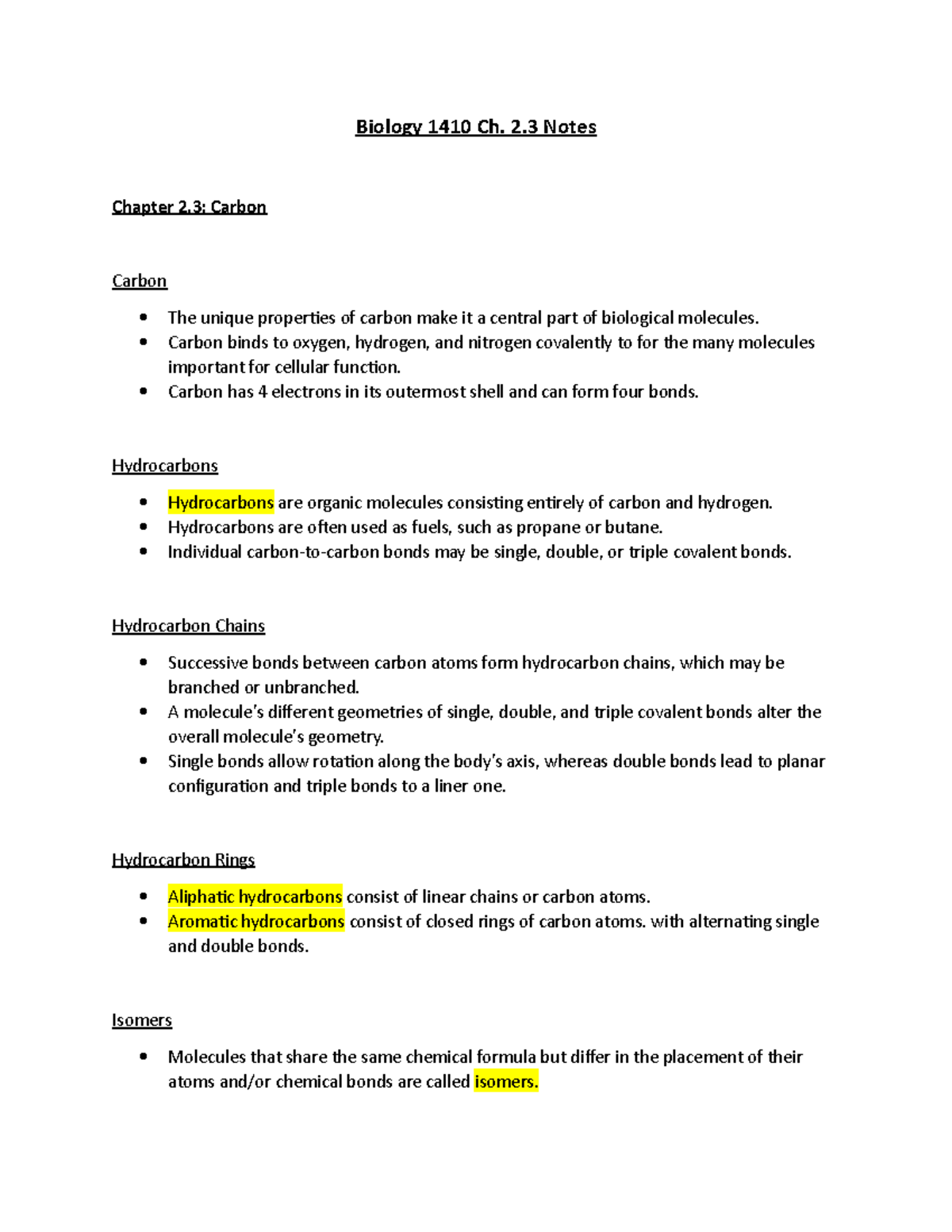 2.3 Biology Notes - Biology 1410 Ch. 2 Notes Chapter 2: Carbon Carbon ...