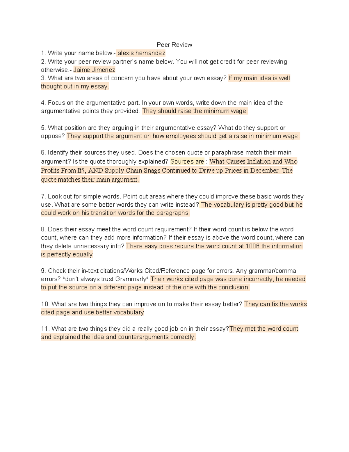 Peer Review - Write your name below.- alexis hernandez 2. Write your ...